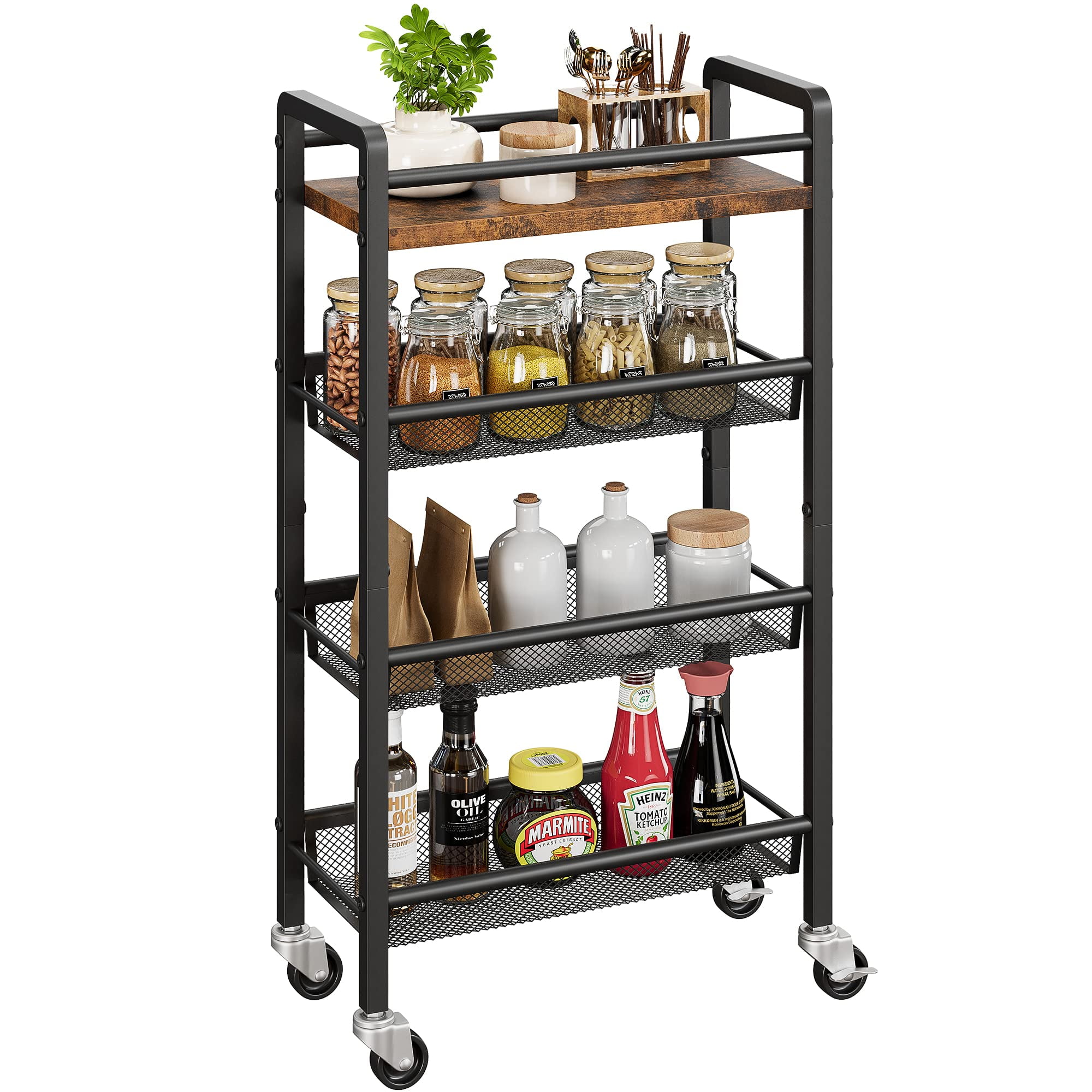 4 Tier Slim Rolling Storage Cart, Kitchen Cart with Wheels, Narrow ...