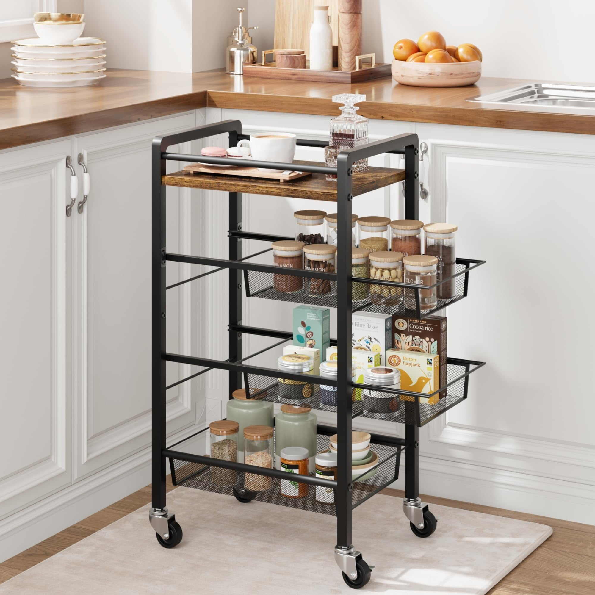 4 Tier Slim Rolling Storage Cart, Kitchen Cart with Wheels, Narrow ...