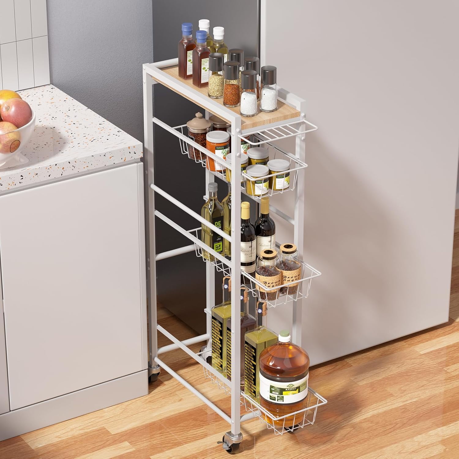 4 Tier Slim Rolling Storage Cart with Pull-Out Baskets, Narrow Sliding ...