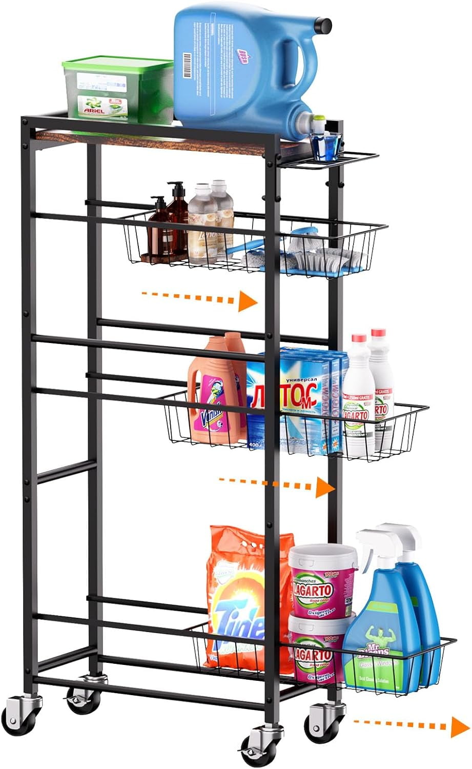 4 Tier Slim Rolling Storage Cart with Pull-Out Baskets, Narrow Sliding ...