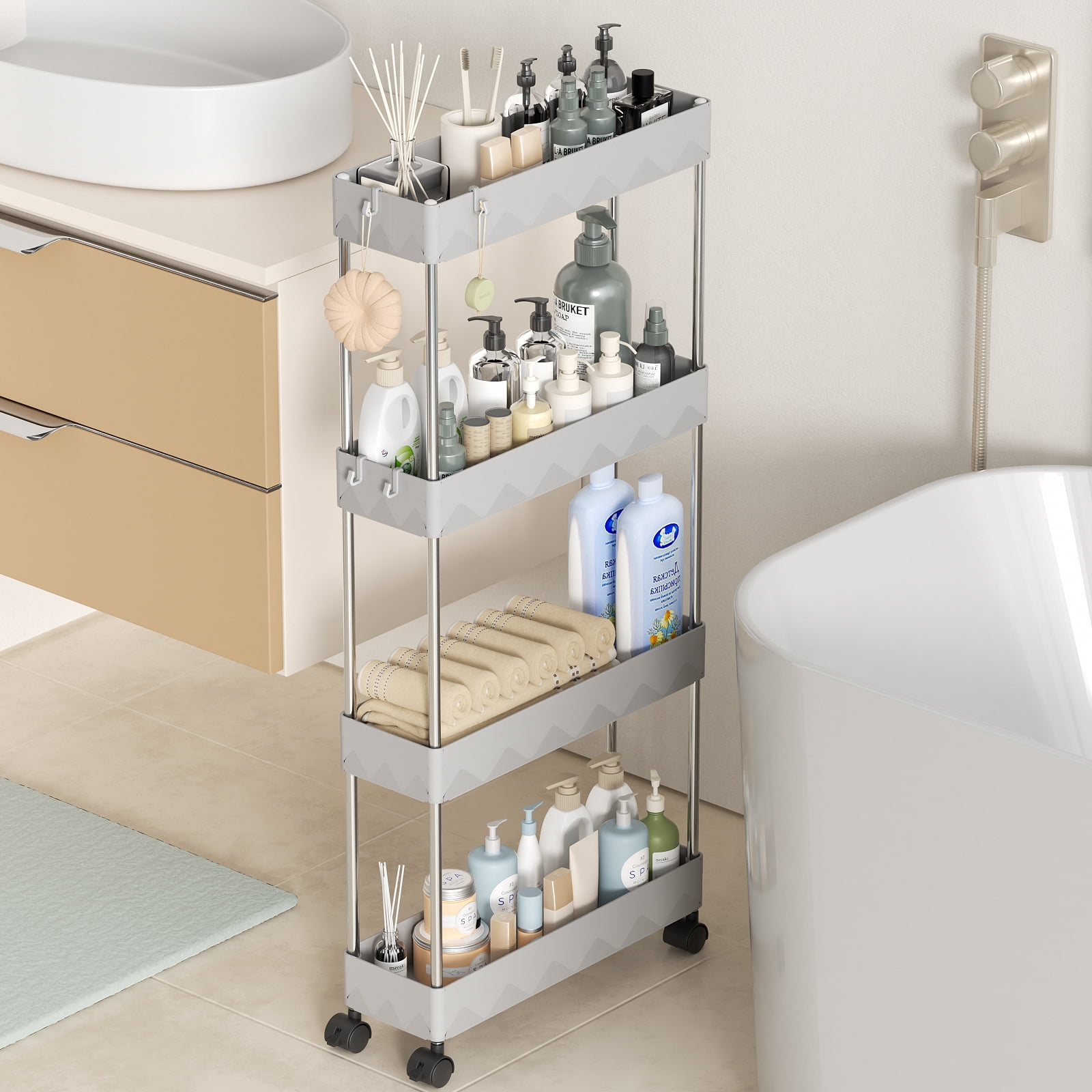 Slim Storage Cart 4 Tier Slim Cart, Bathroom Rolling Utility Cart ...