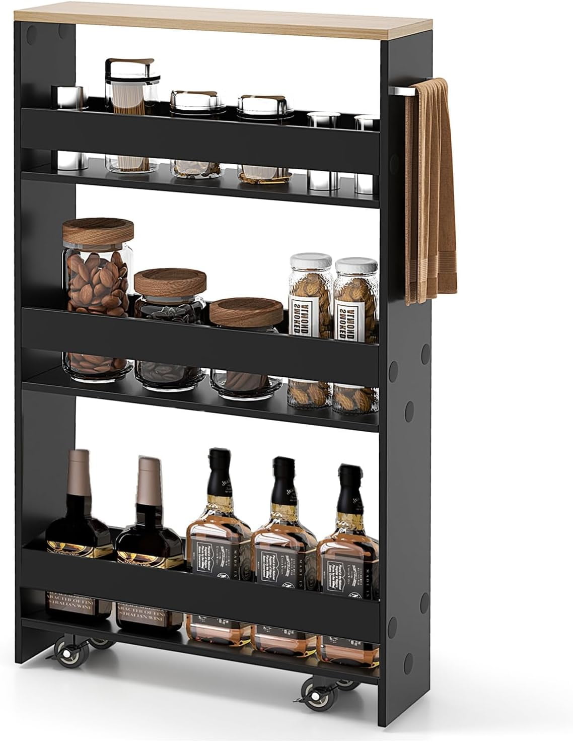 4-Tier Slim Rolling Storage Cart, Wooden Kitchen Utility Cart with ...