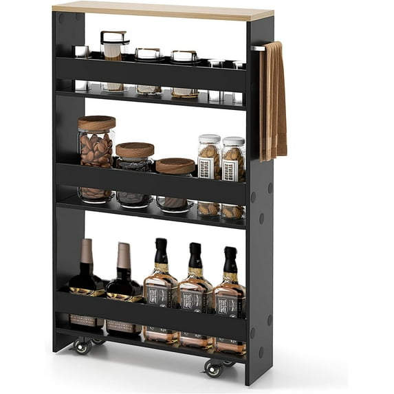 4-Tier Slim Rolling Storage Cart, Wooden Kitchen Utility Cart with ...