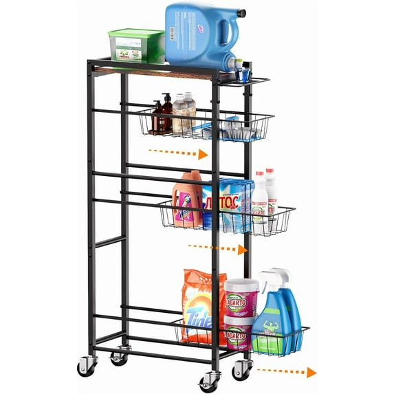 4 Tier Slim Rolling Storage Cart with Pull-Out Baskets, Narrow Sliding ...