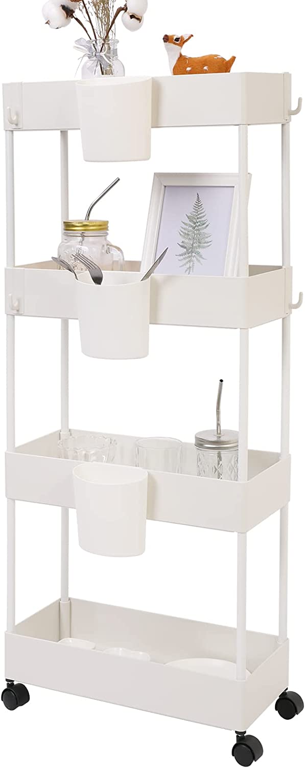 4-Tier Slim Rolling Utility Cart Storage Shelves Trolley Storage ...
