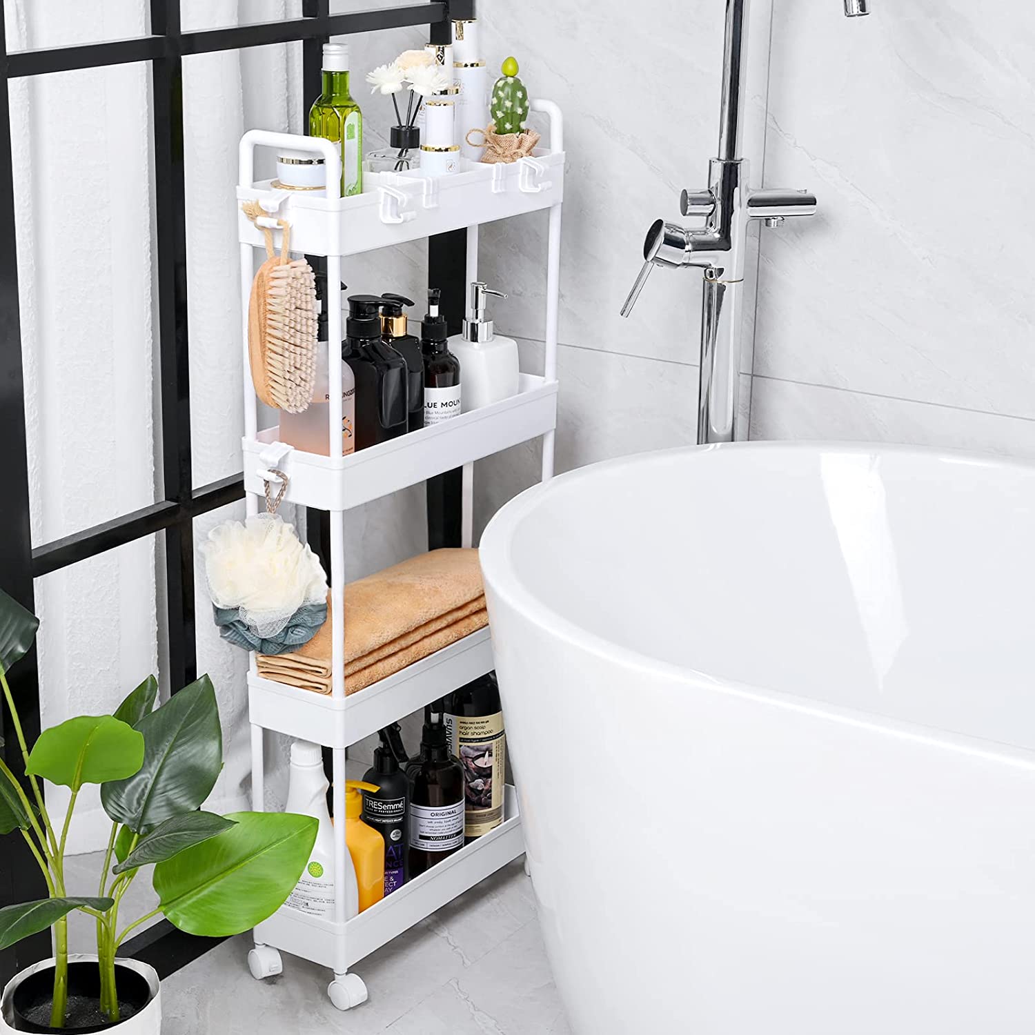 4-Tier Slim Rolling Utility Cart - White Narrow Storage Organizer with ...