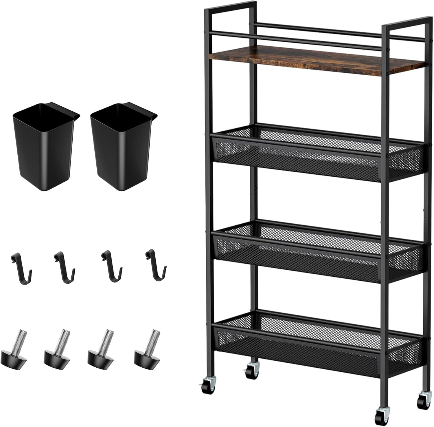 4 Tier Slim Storage Cart, 5.9In Slim Kitchen Cart on Wheels for Small ...