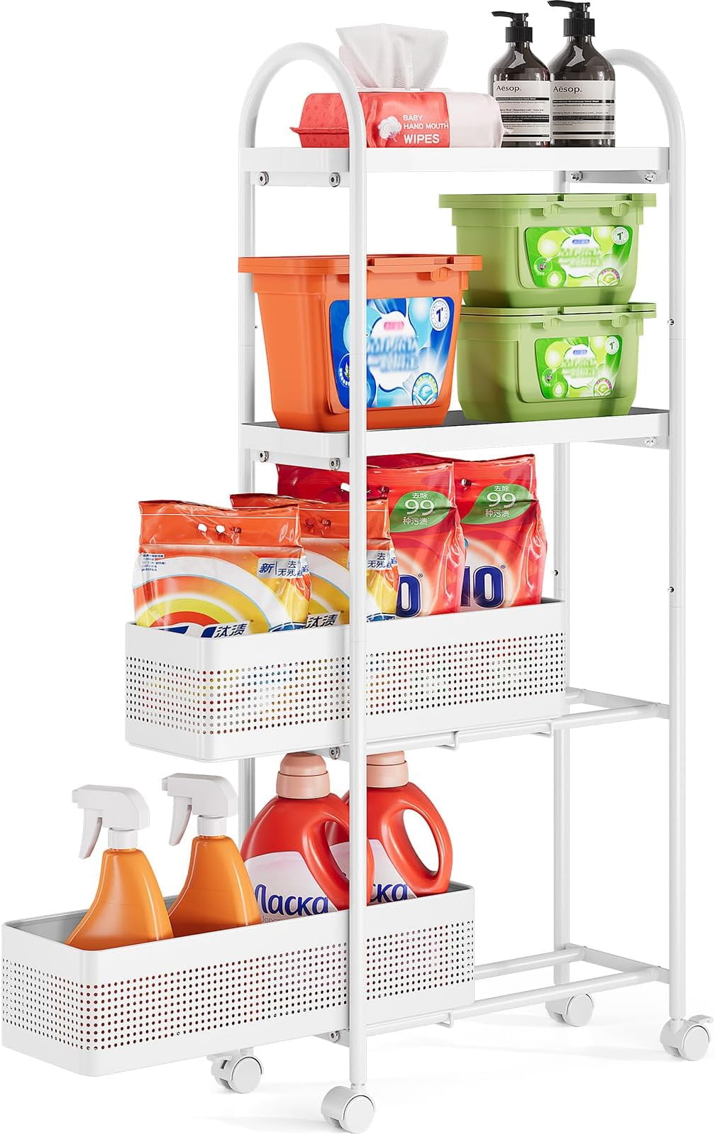 4-Tier Slim Storage Cart with Basket, Rolling Bathroom Organizer ...