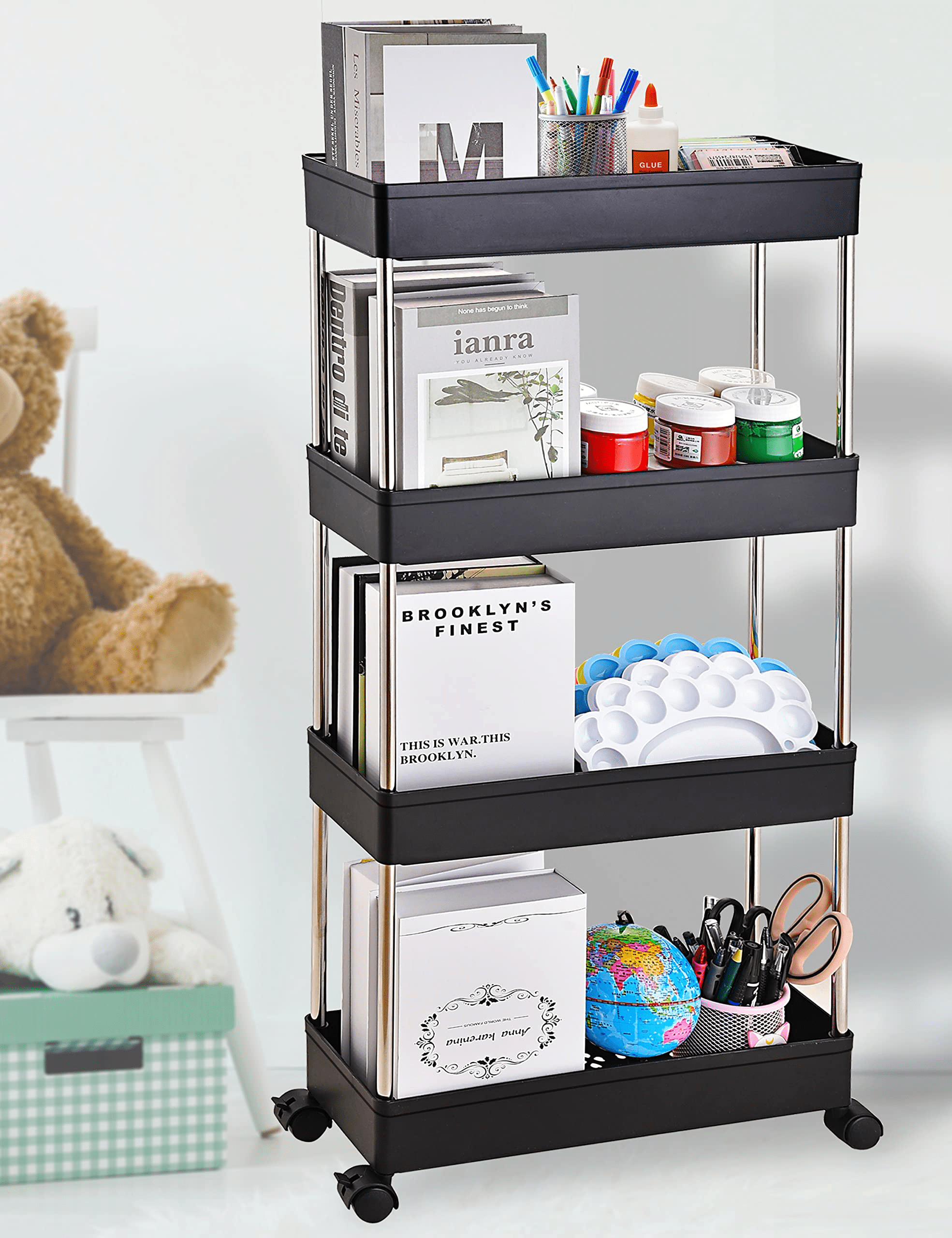 4-Tier Slim Storage Cart,Bathroom Storage Organizer,Slim Rolling Cart ...