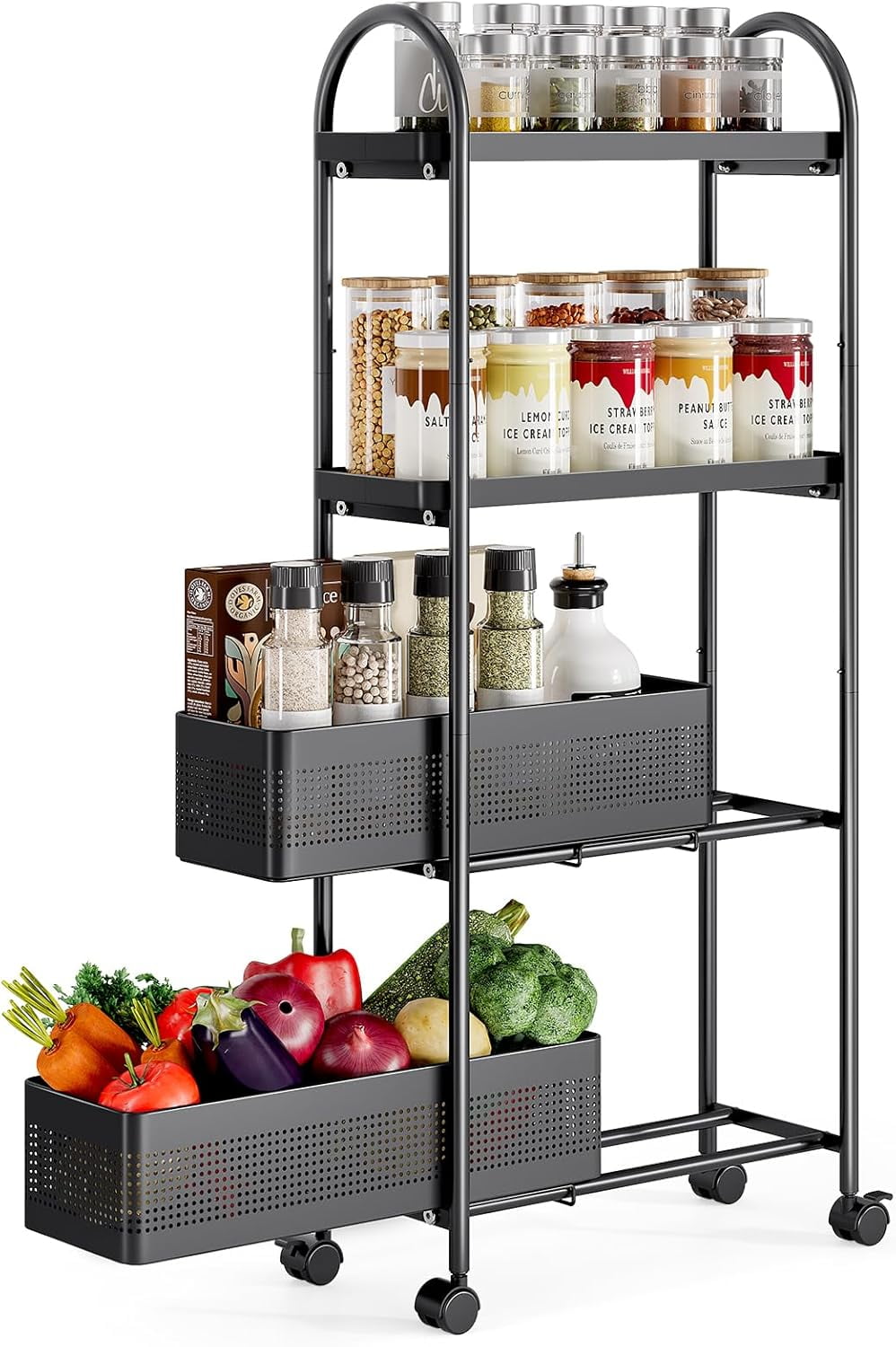 4-Tier Slim Storage Cart with Pull Out Basket, Rolling Bathroom ...