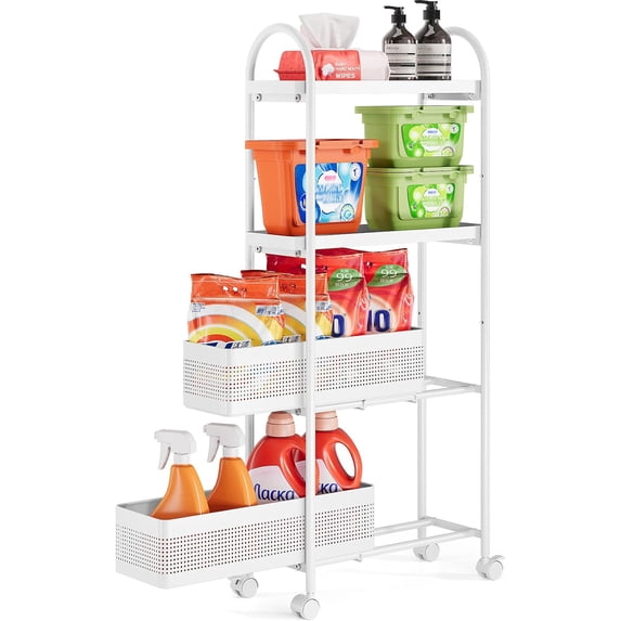 4-Tier Slim Storage Cart with Pull Out Basket, Rolling Bathroom ...