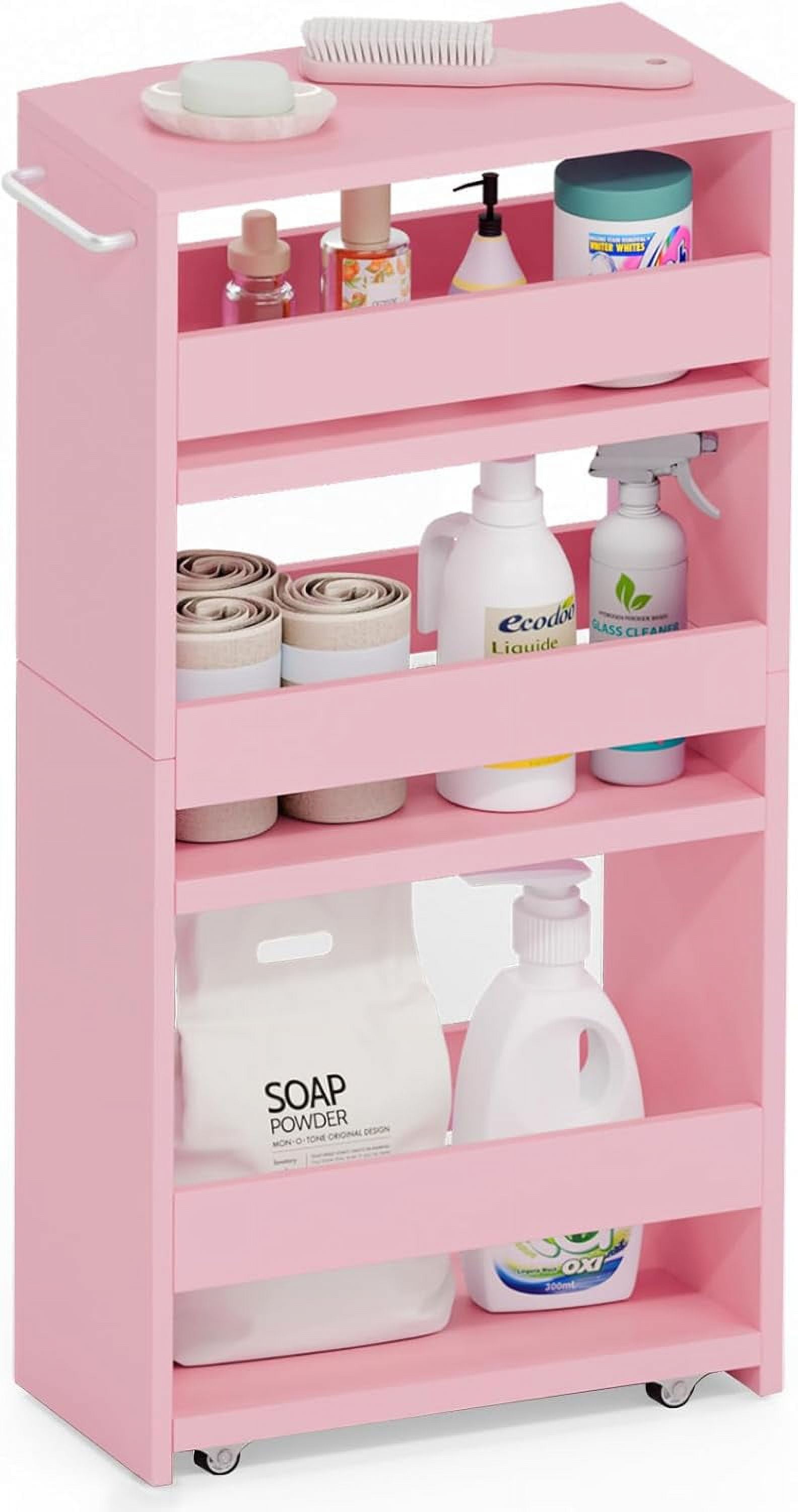 4 Tier Slim Storage Cart with Handle, Pink Laundry Room Cart Between ...