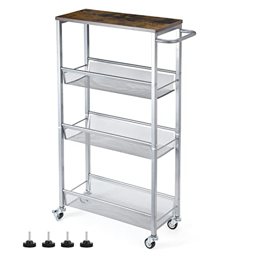 4 Tier Sliver Slim Storage Cart, Shelving Unit for Small Space, Rolling ...