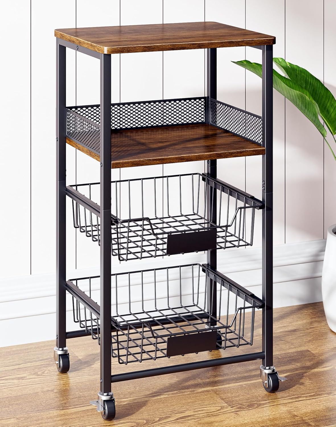 4-Tier Small Kitchen Storage Cart on Wheels, Rolling Pantry and Snack ...
