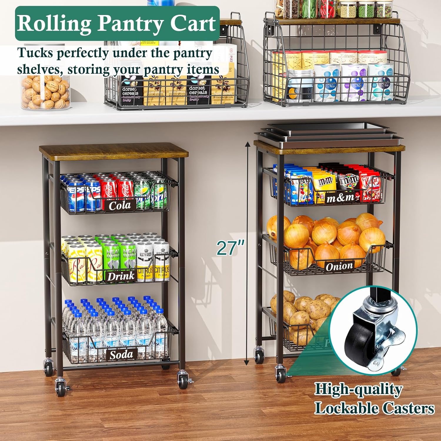 4-Tier Small Kitchen Storage Cart on Wheels with Pull-Out Baskets ...