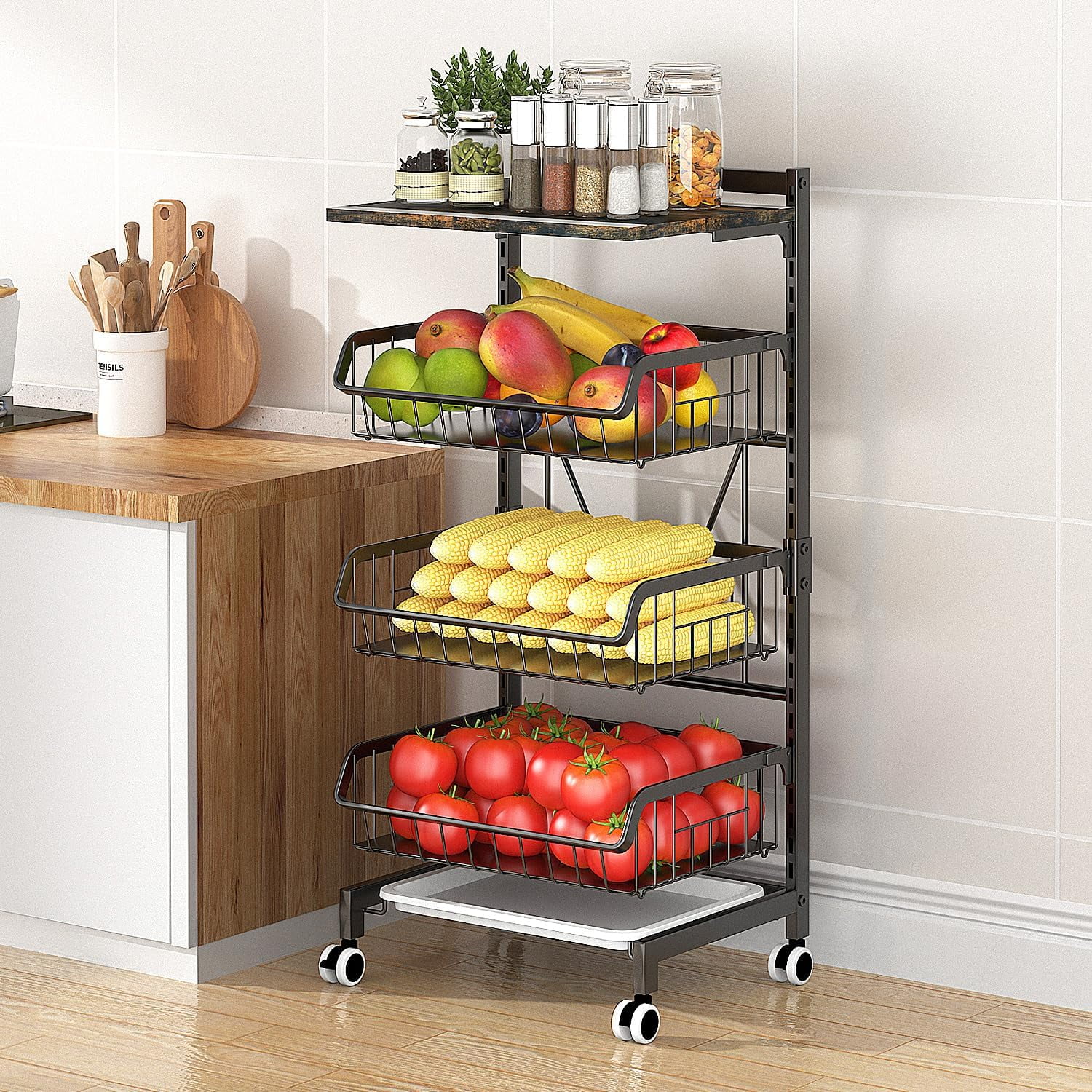 4-Tier Snack Cart with Wheels – Versatile Fruit and Vegetable Storage ...