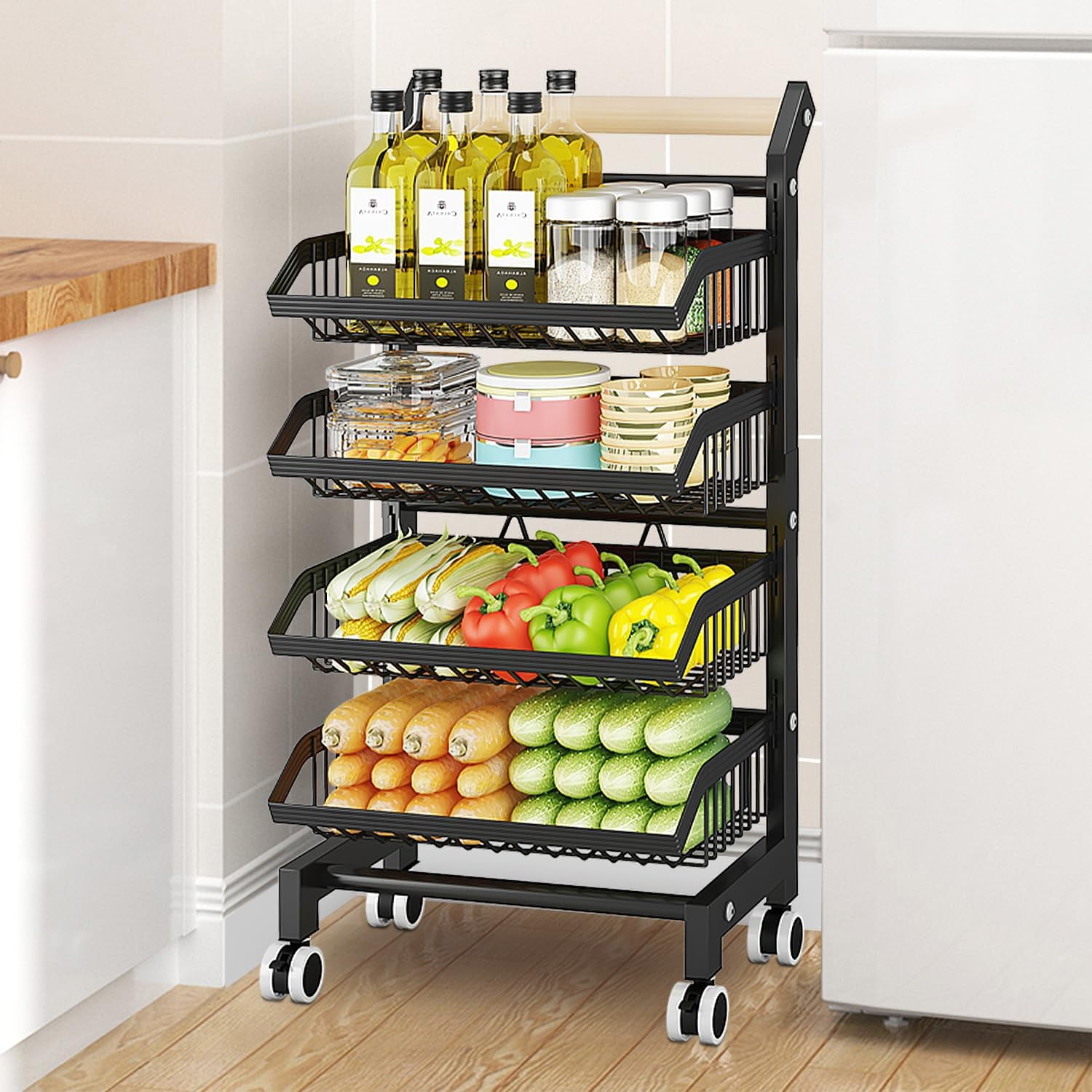 4-Tier Snack Cart with Wheels – Versatile Fruit and Vegetable Storage ...