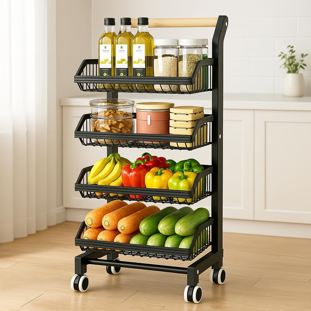 4-Tier Snack Cart with Wheels – Versatile Fruit and Vegetable Storage ...
