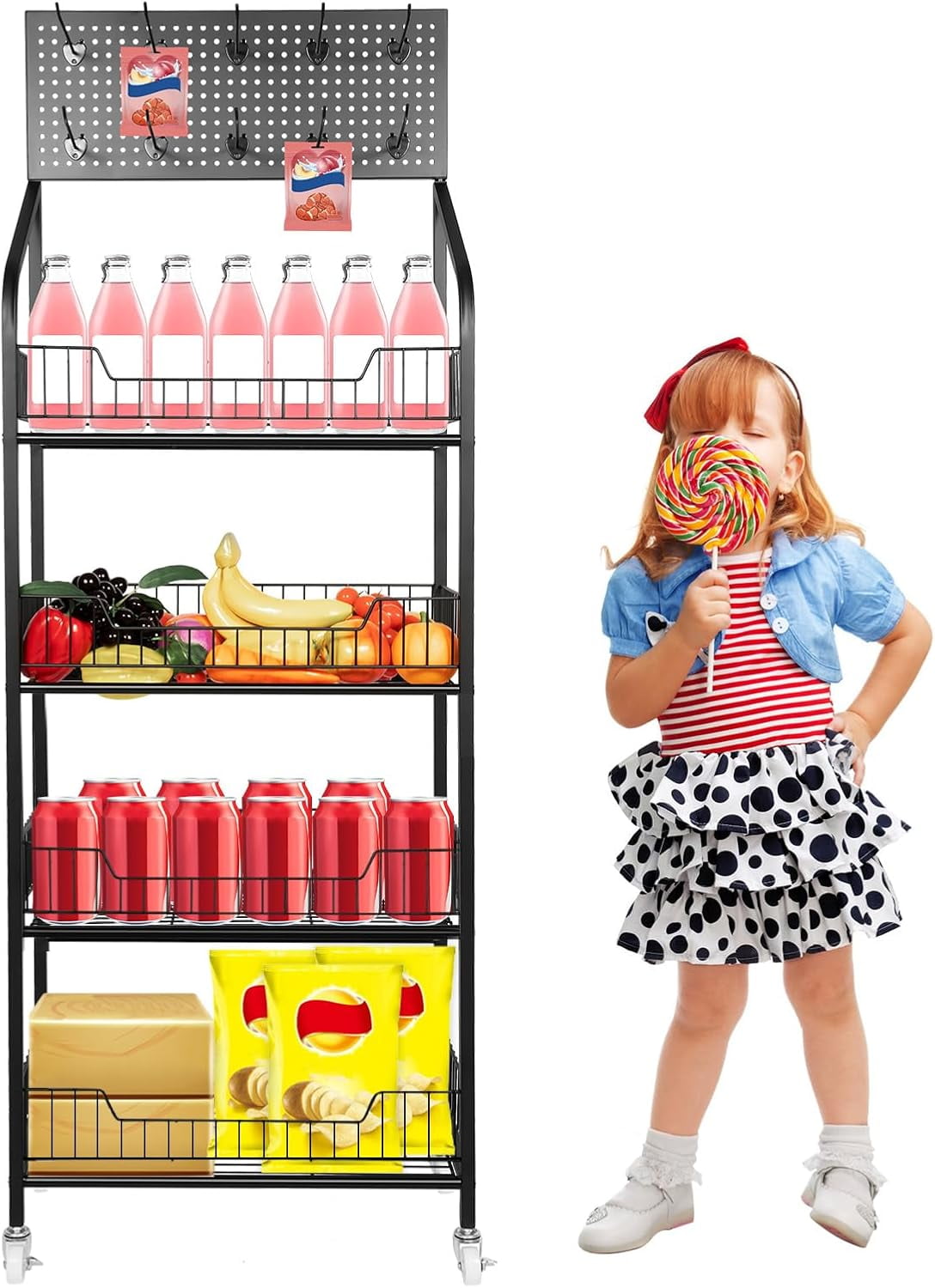 4-Tier Snack Display Rack Stand with Wheels, Modern Style, Painted ...