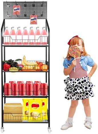 4-Tier Snack Display Rack Stand with Wheels, Snack Candy Potato Chip ...
