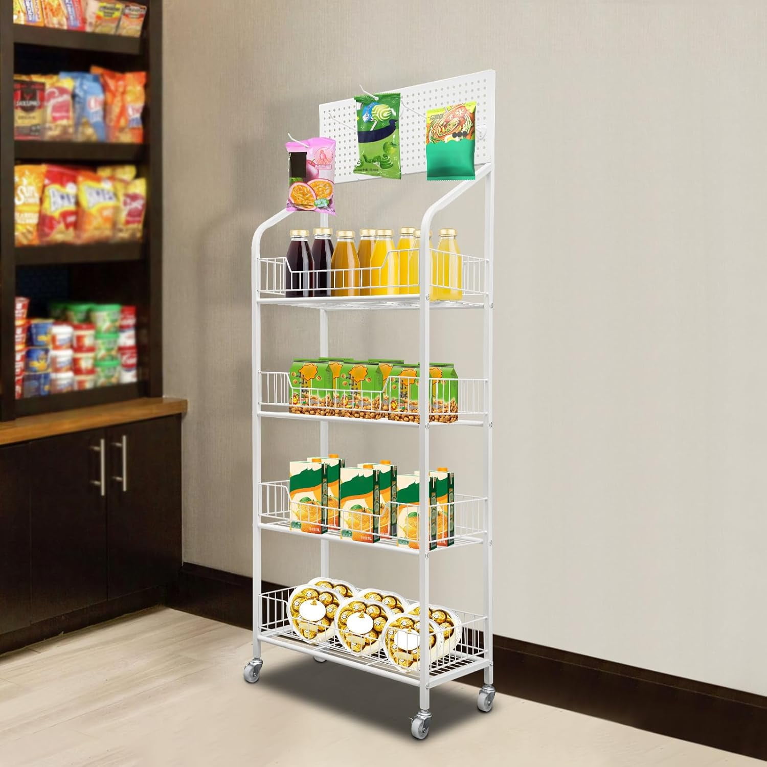 4-Tier Snack Display Shelf Rack Floor-Standing Rolling Snack Cart with ...