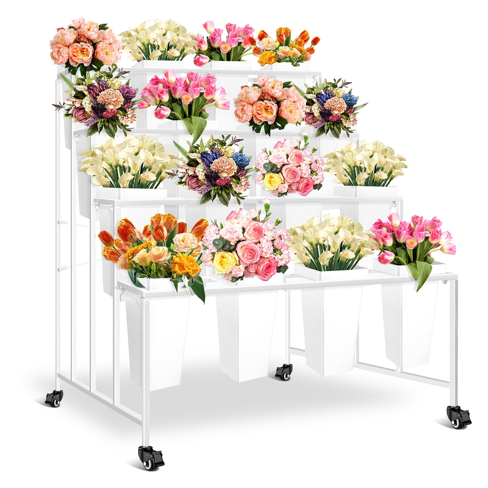 4-Tier Square Barrel Flower Stand - White Metal Plant Display with 16 ...