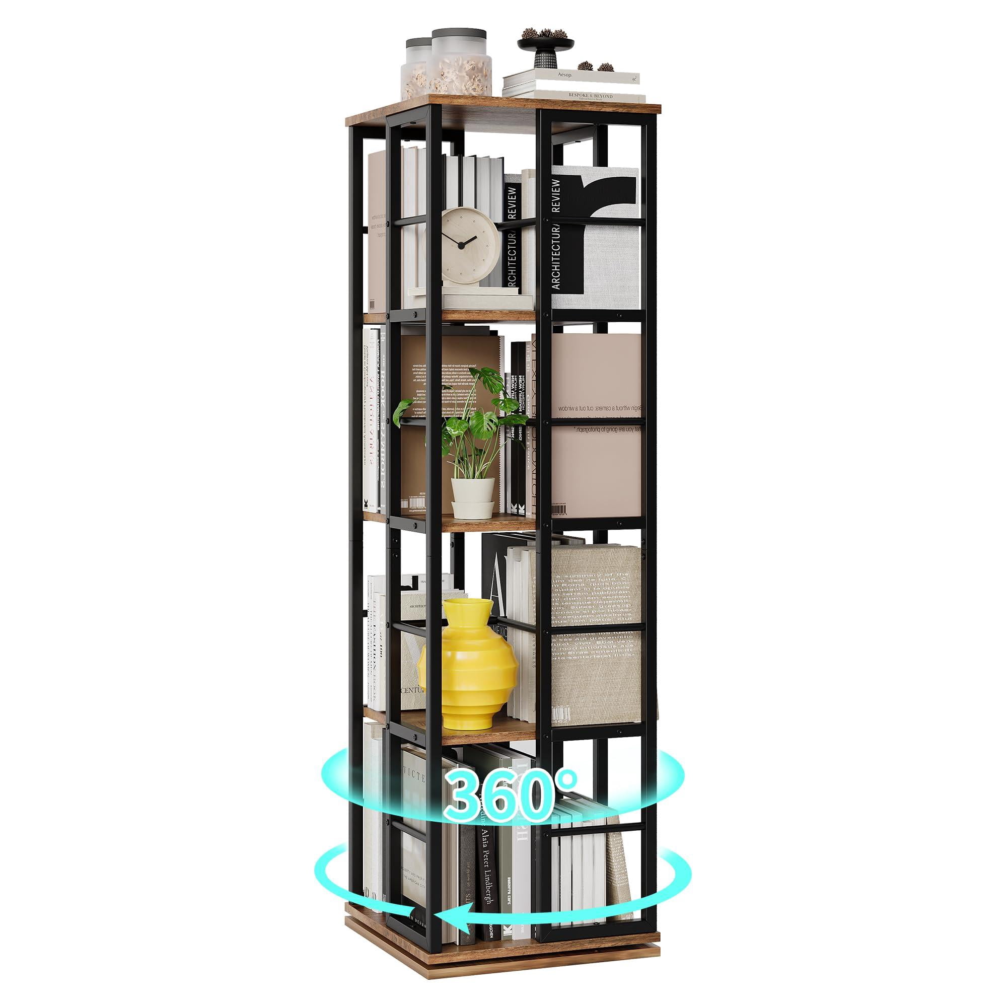 4-Tier Square Rotating Bookshelf, 360° Spinning Bookcase Tower with ...