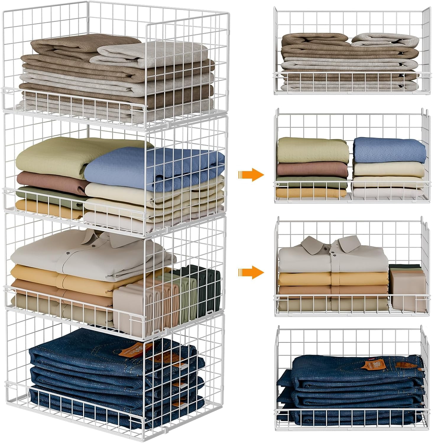 4-Tier Stackable Closet Organizers and Storage Basket, Foldable Closet ...