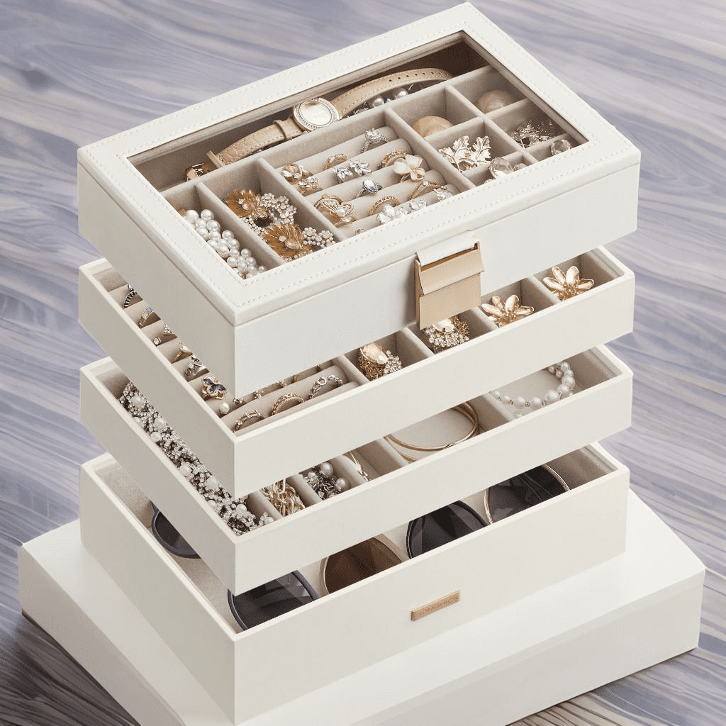 4-Tier Stackable Jewelry Trays, Cloud White, Glass Lid, Removable ...