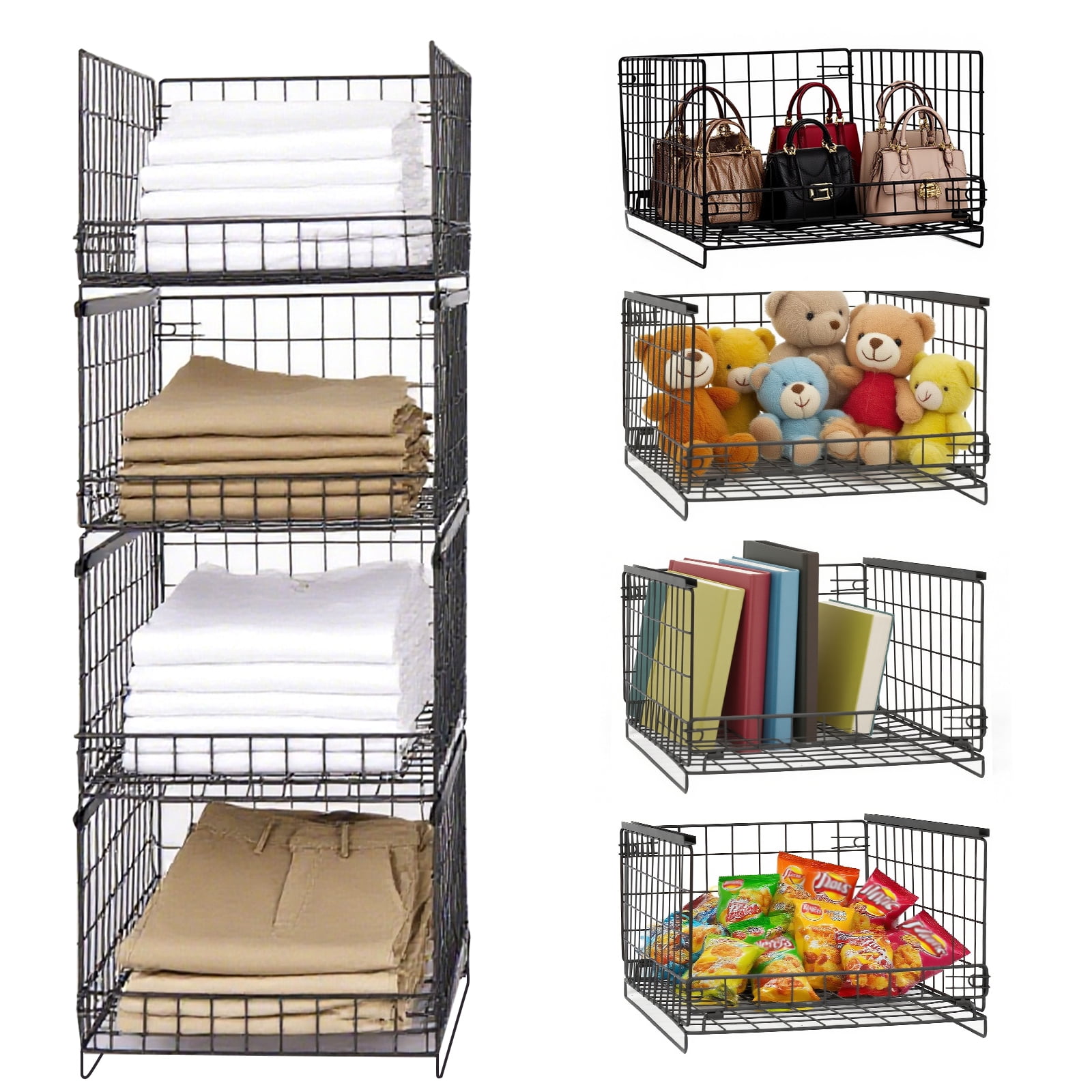 4-Tier Stackable Metal Closet Organizer Bins, Foldable Wire Mesh ...