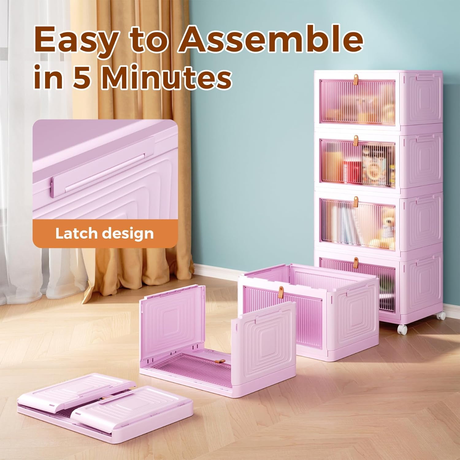 4 Tier Stackable Plastic Storage Bins with Lid and Wheels - 23 QT Closet Organizers and Foldable ...