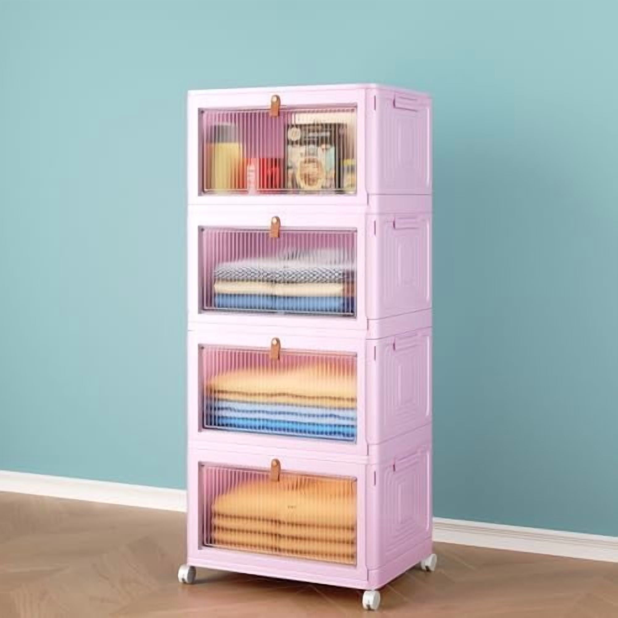 4 Tier Stackable Plastic Storage Bins with Lid and Wheels - 23 QT Closet Organizers and Foldable ...