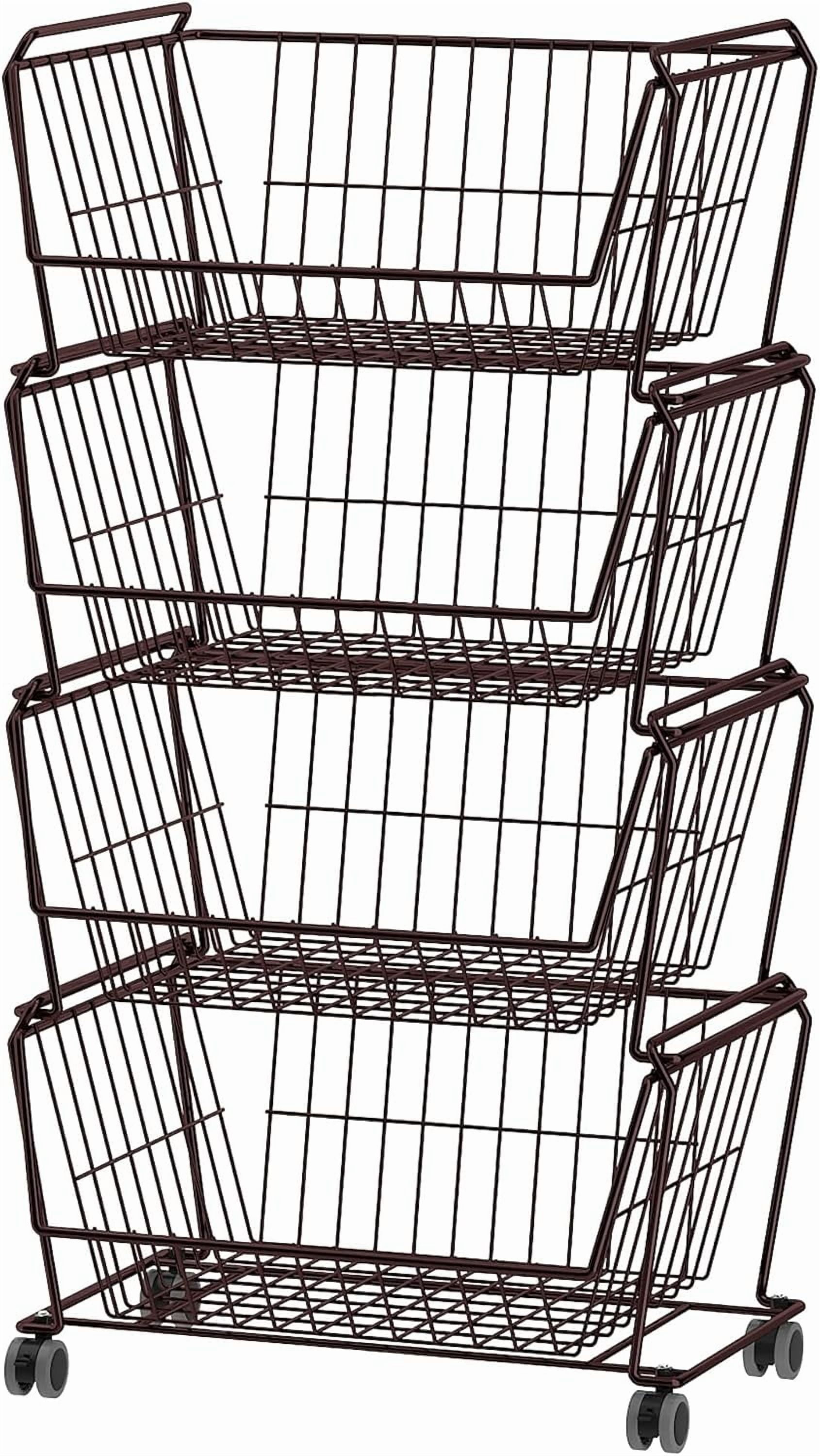 4 Tier Stackable Wire Storage Baskets with Wheels Metal Rolling Utility ...
