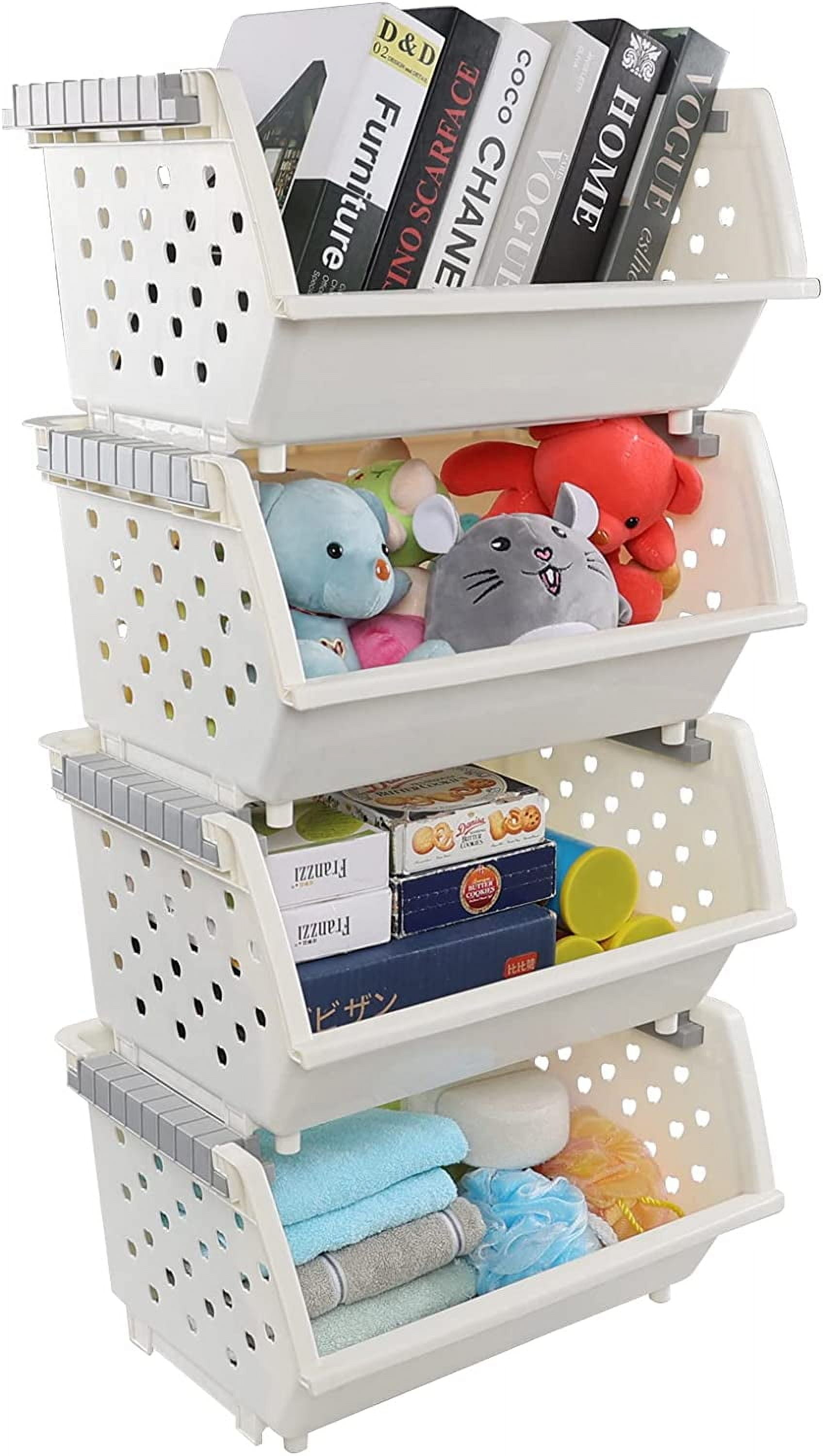4 Tier Stacking Plastic Basket, Large Stackable Storage Bins Open Front ...