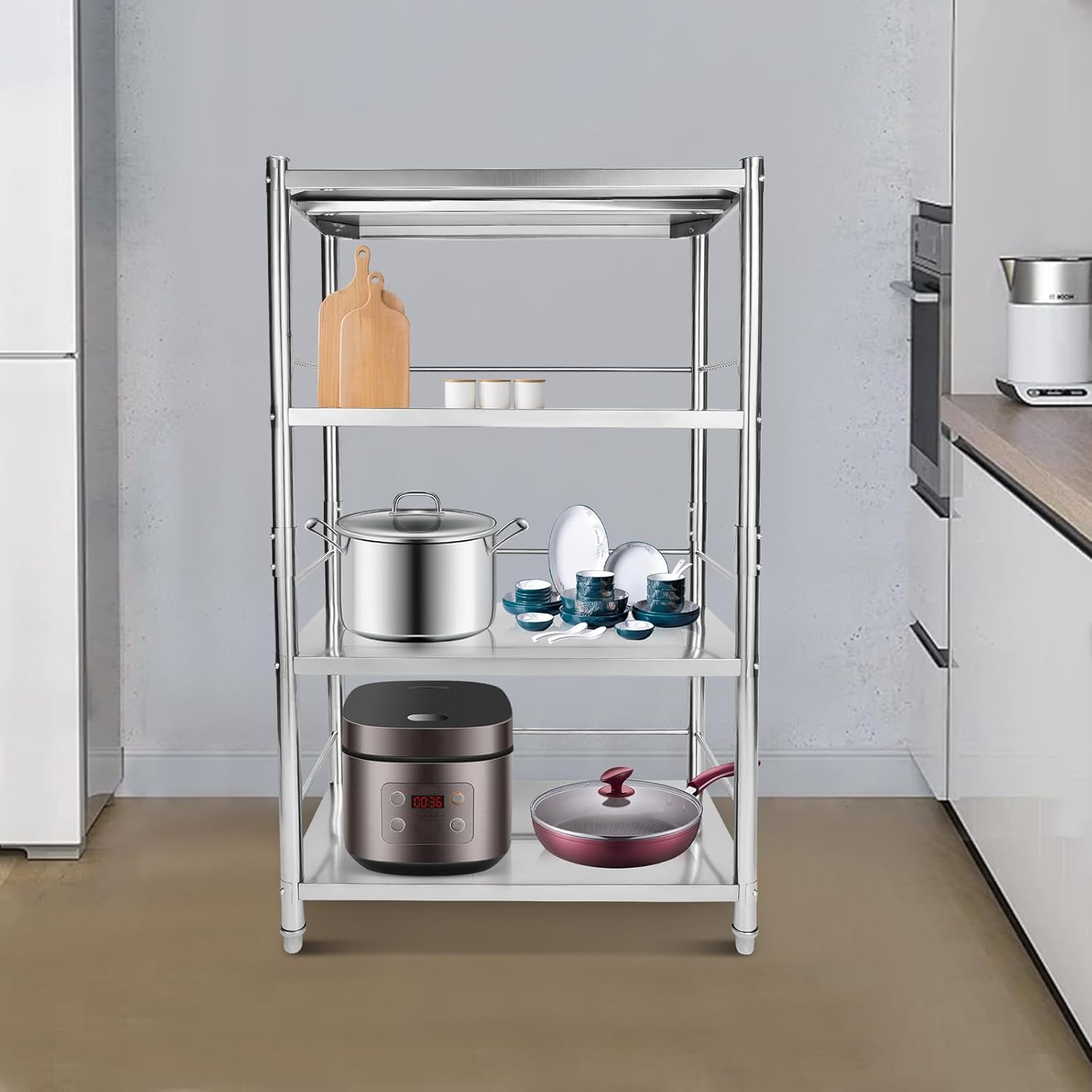 4 Tier Stainless Steel Storage Shelf Tower Adjustable Free Standing ...