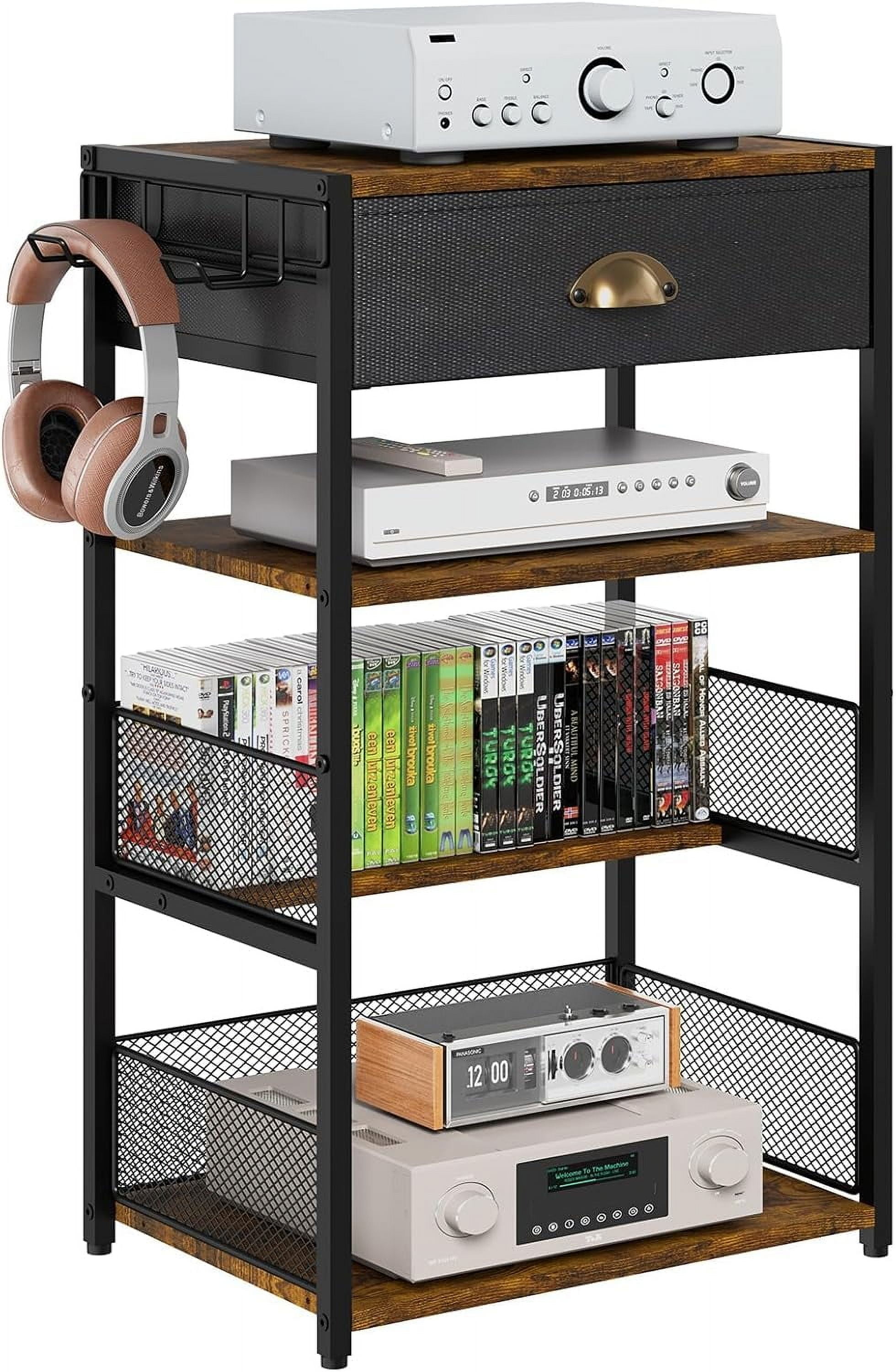 4-Tier Stand with Drawer, Video Game Console Shelf with 2 Hooks, Audio ...