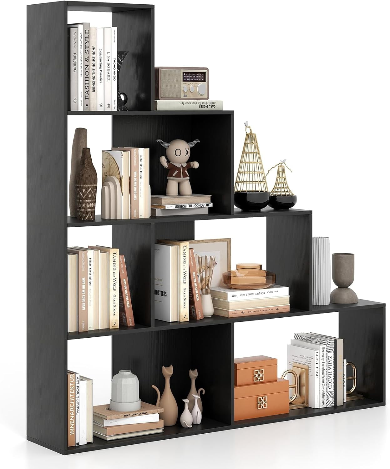 4-Tier Stepped Bookshelf, Freestanding 6 Cubes Ladder Bookcase with ...