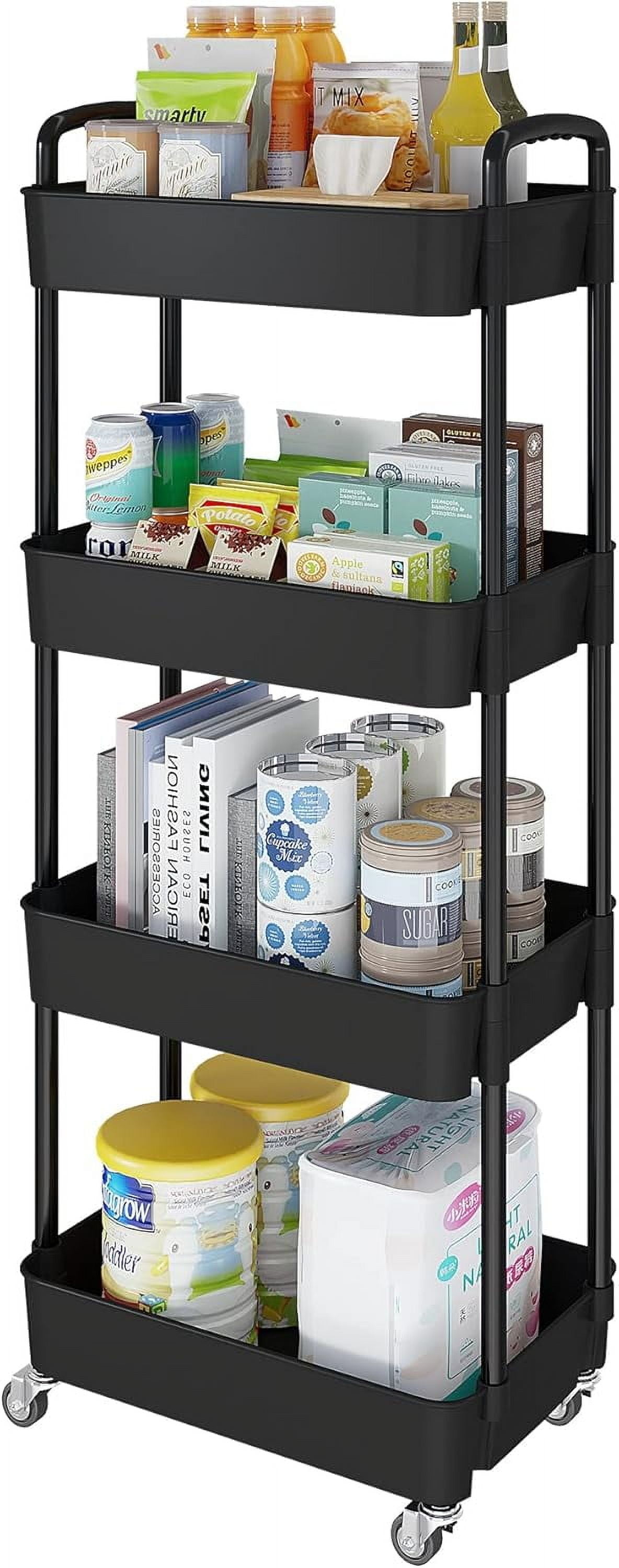 4-Tier Storage Cart, Multifunction Utility Rolling Cart Kitchen Storage ...