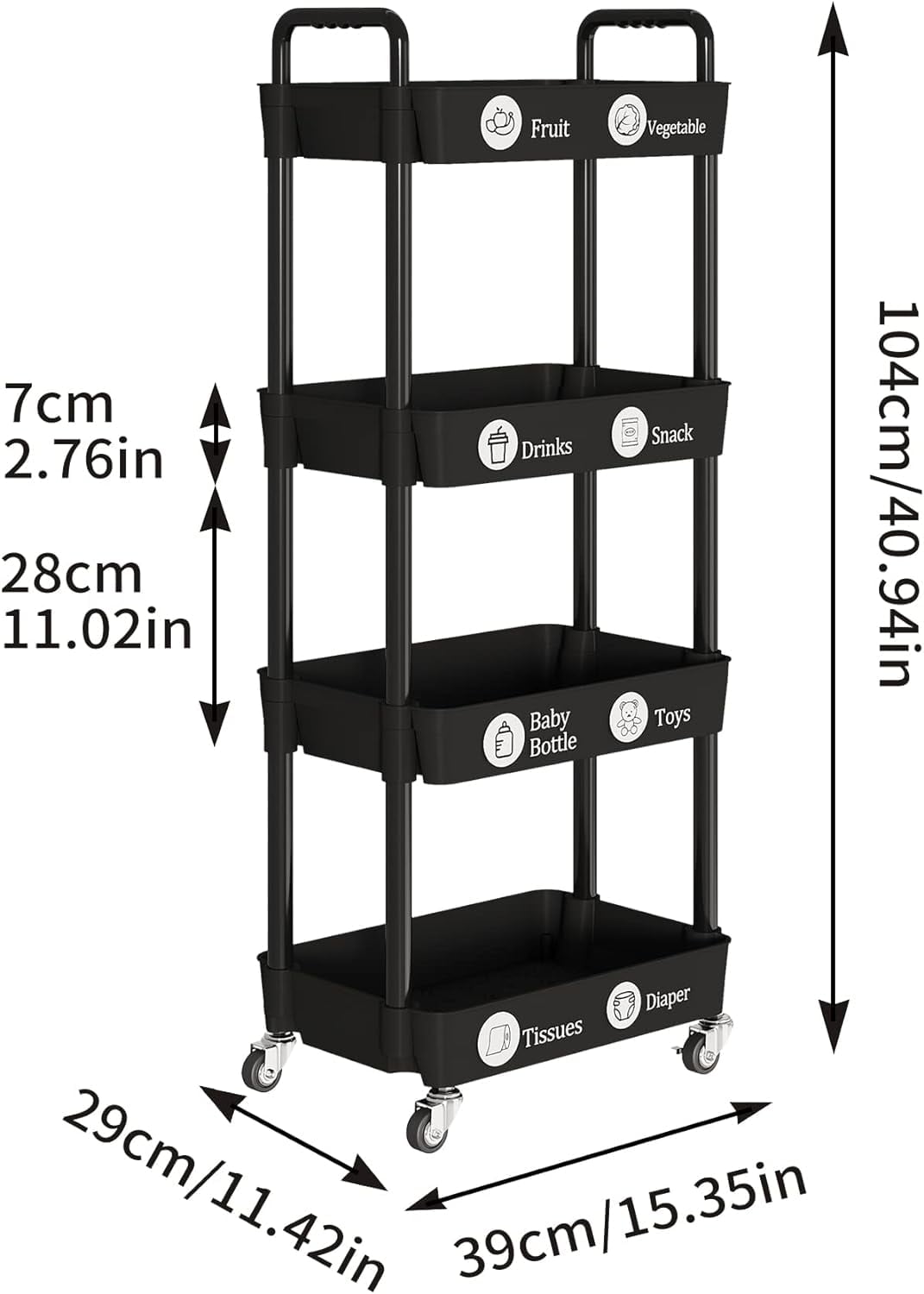 4-Tier Storage Cart,Multifunction Utility Rolling Cart Kitchen Storage ...