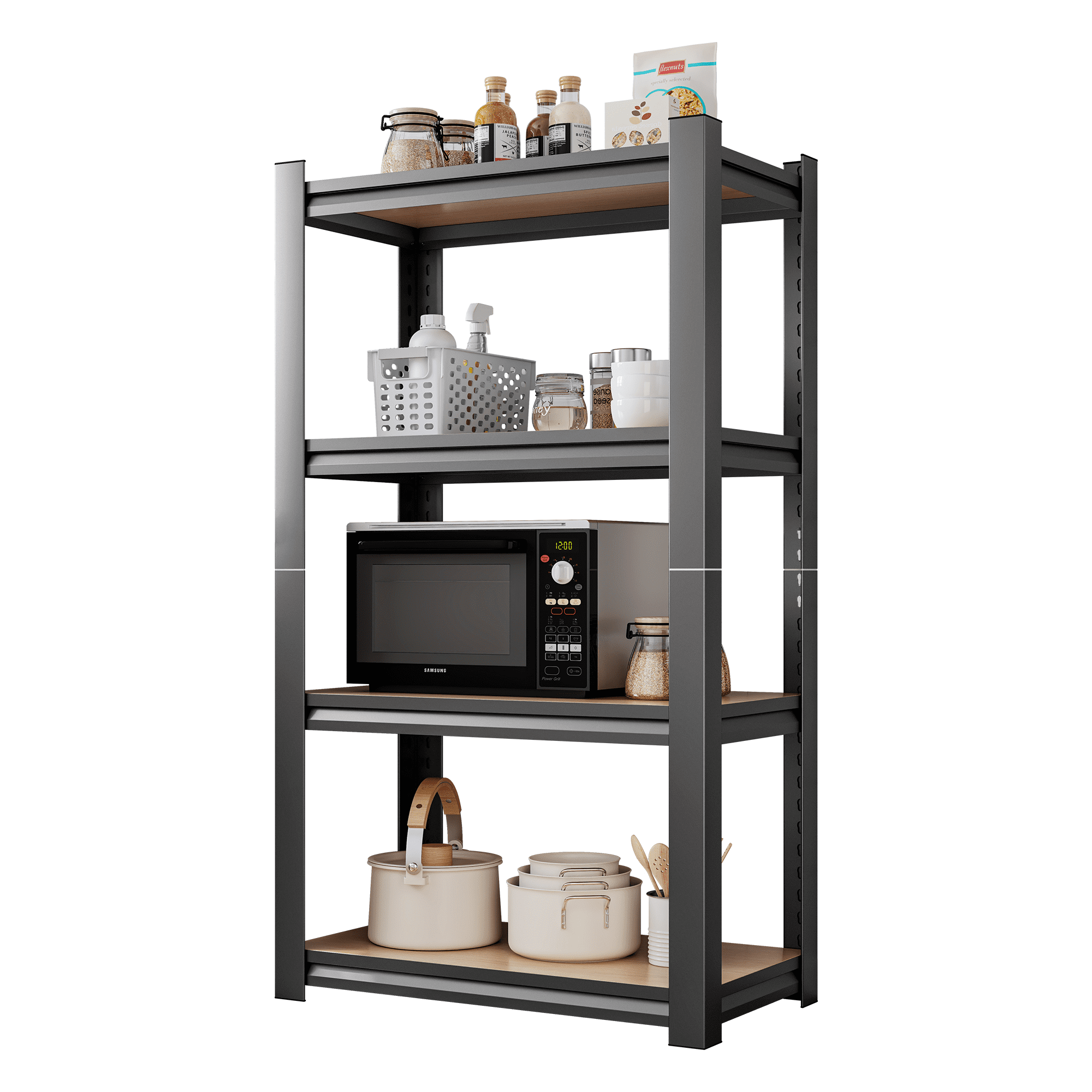4-Tier Storage Shelf Rack, Adjustable Wood Shelves, Metal Frame ...