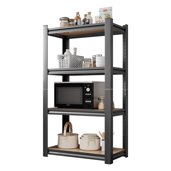 4-Tier Storage Shelf Rack, Adjustable Wood Shelves, Metal Frame ...