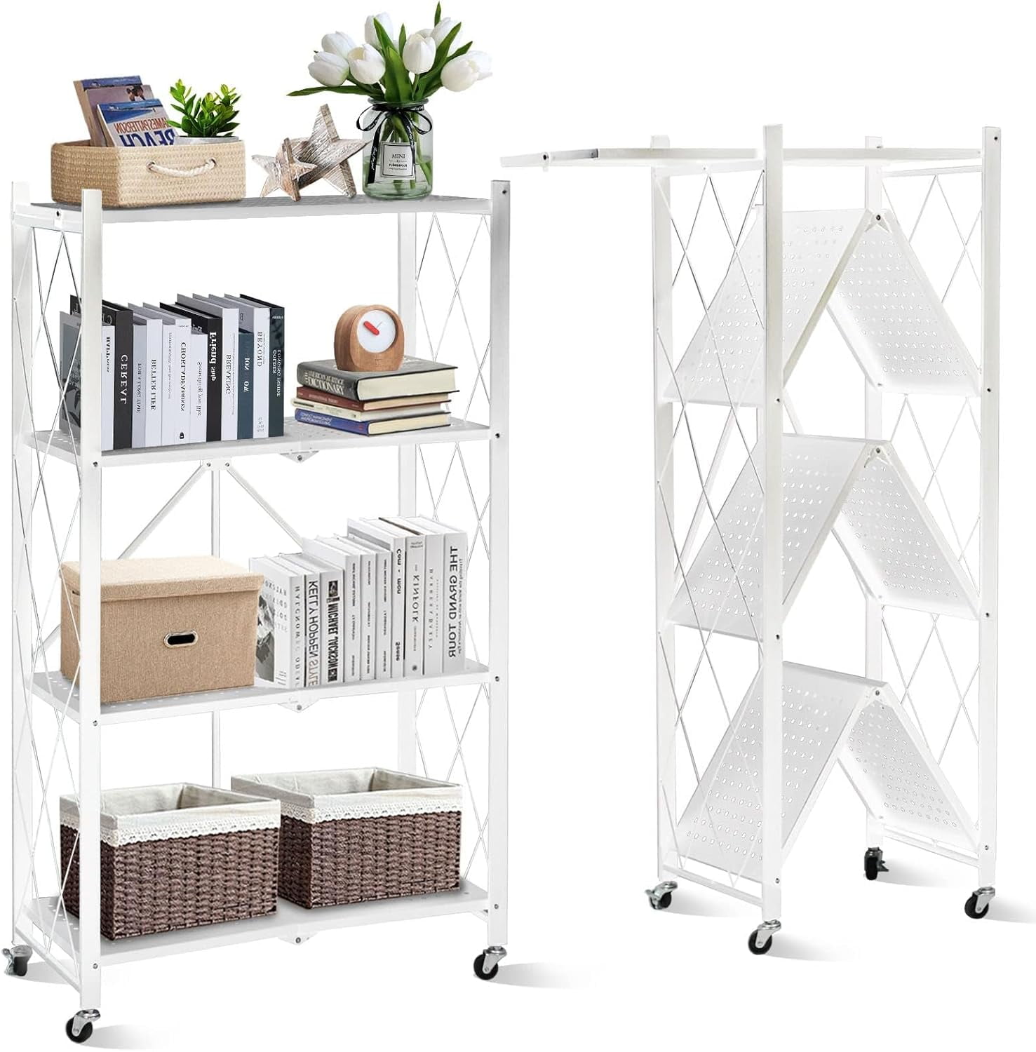 4 Tier Storage Shelf with Wheels - Metal Collapsible Shelving Unit ...