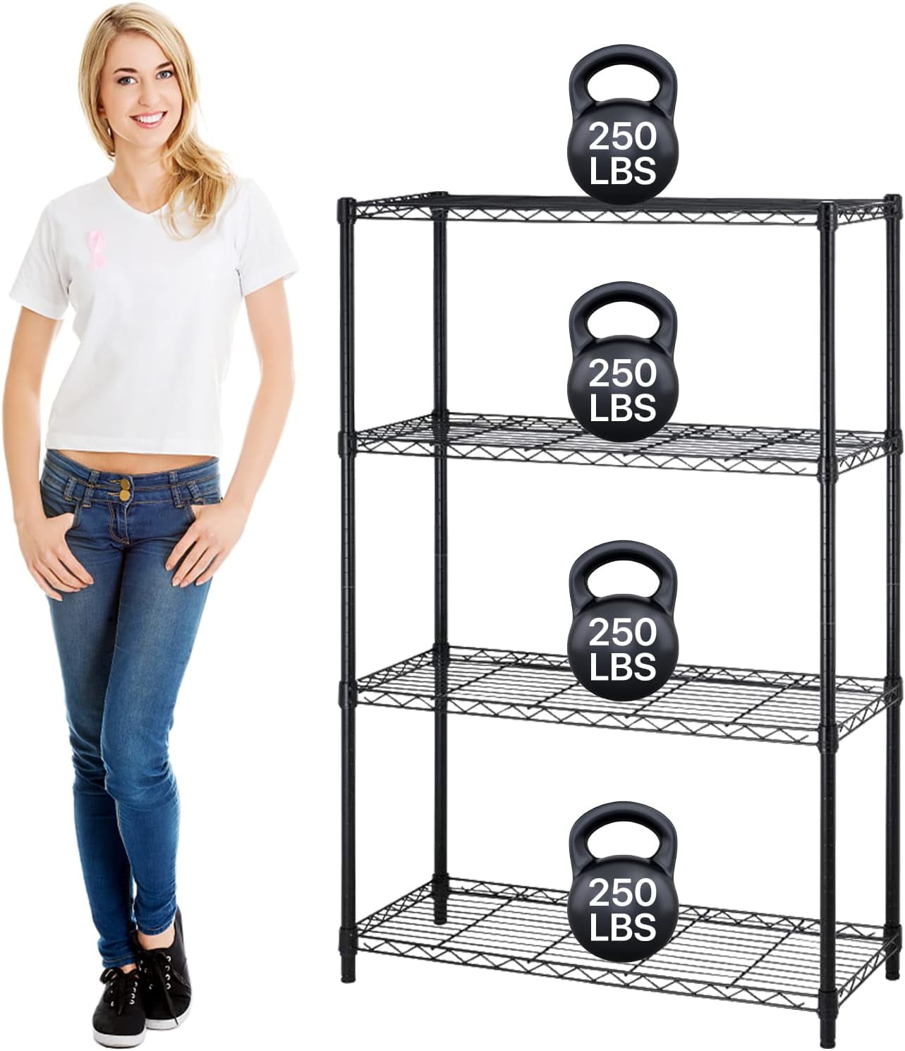 4 Tier Storage Shelves, Heavy Duty Metal Wire Storage Rack, 250LBS Per ...