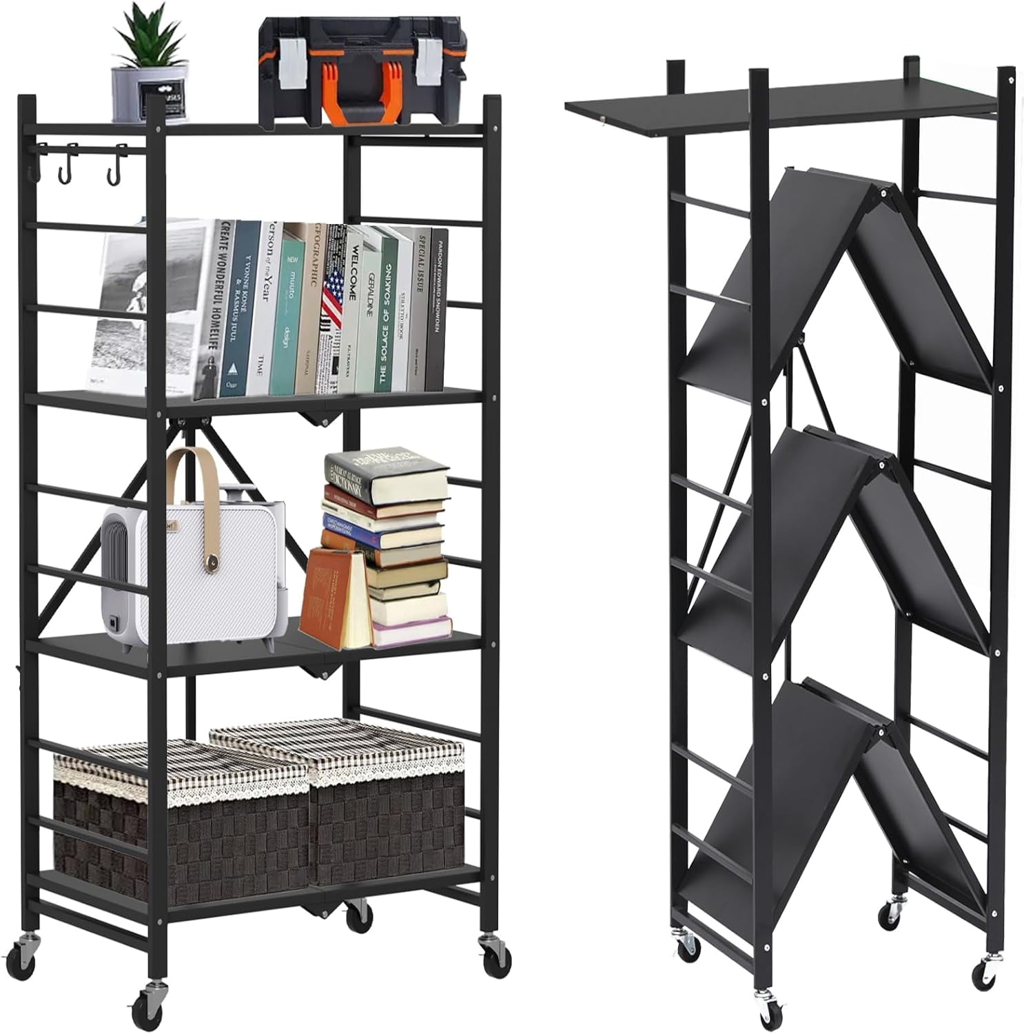 4 Tier Storage Shelves, Metal Folding Pantry Shelf, No Assembly ...