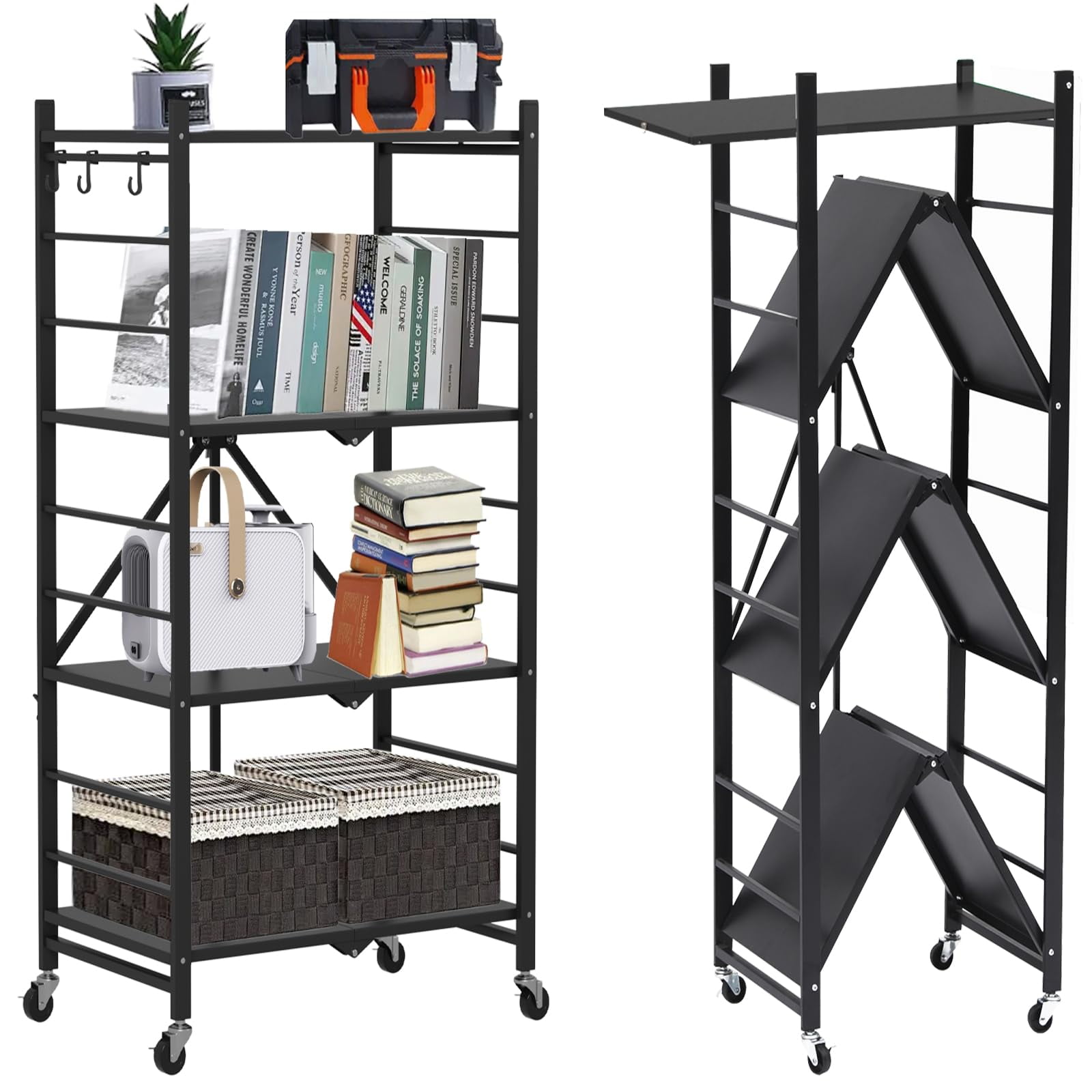 4 Tier Storage Shelves, Metal Folding Pantry Shelf, No Assembly ...