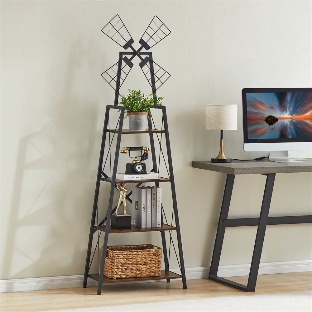 4-Tier Tall Bookcase, Industrial Style Modern Ladder Shelf, Rustic ...
