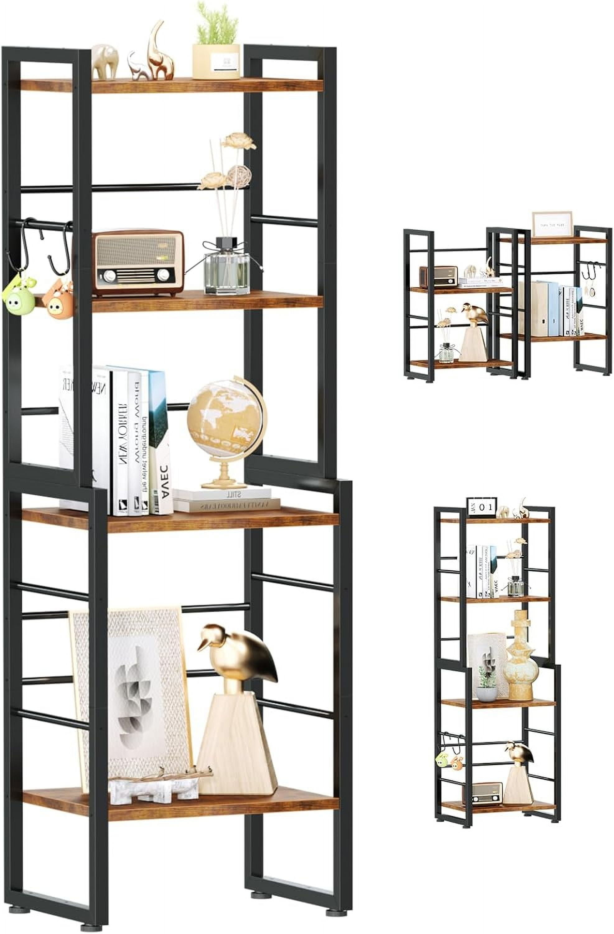 4-Tier Tall Bookcase with Shelves and 2 Hooks, Industrial Display Shelf ...