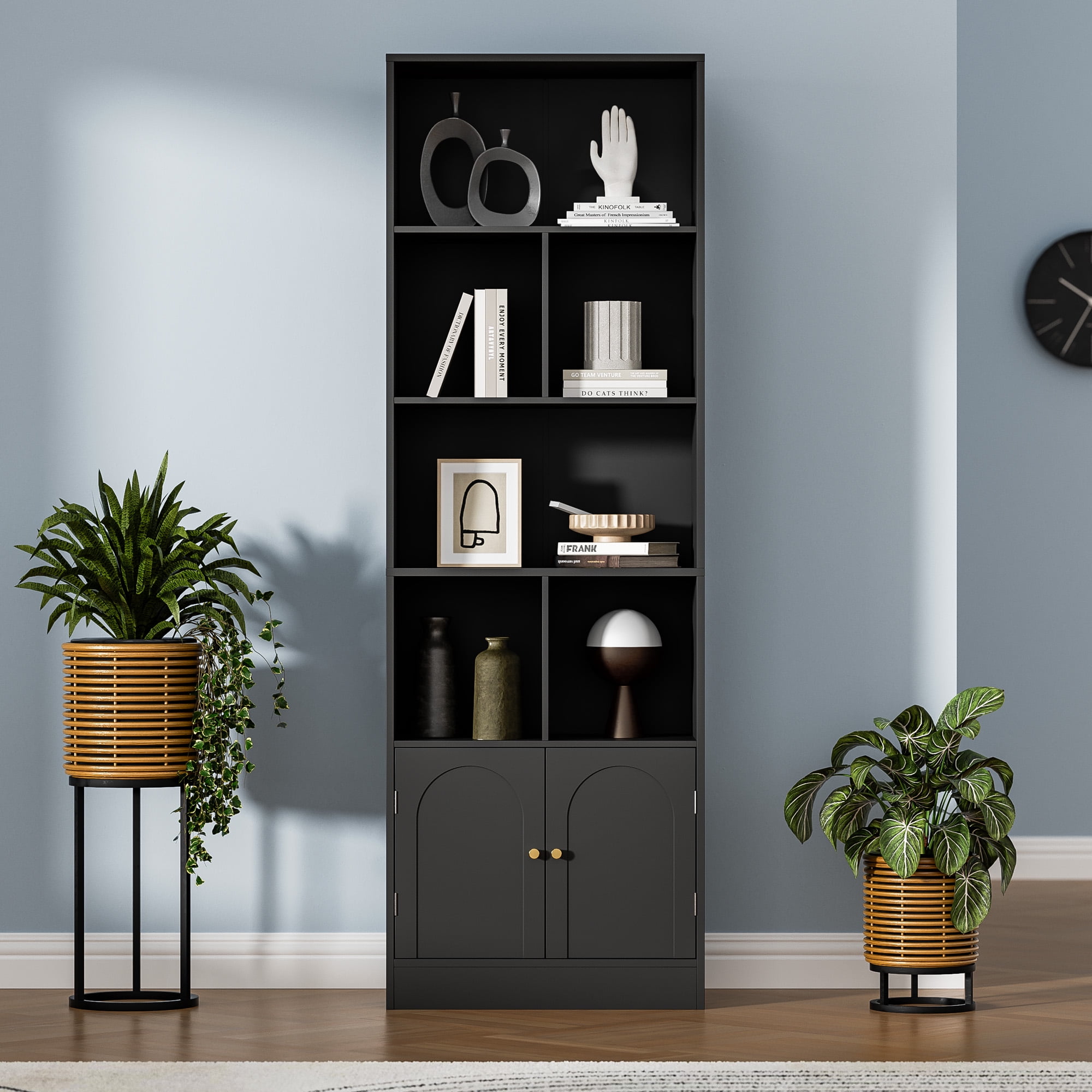 4-Tier Tall Bookshelf with 2 Doors, 71" Open Shelf Bookcase with 6 ...