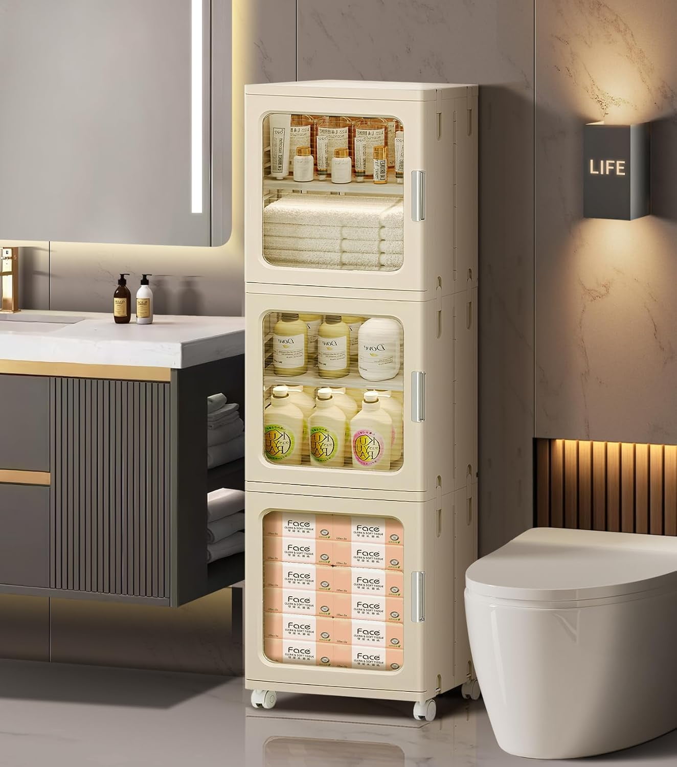 4-Tier Tall Narrow Bathroom Storage Cabinet with Doors and Adjustable ...