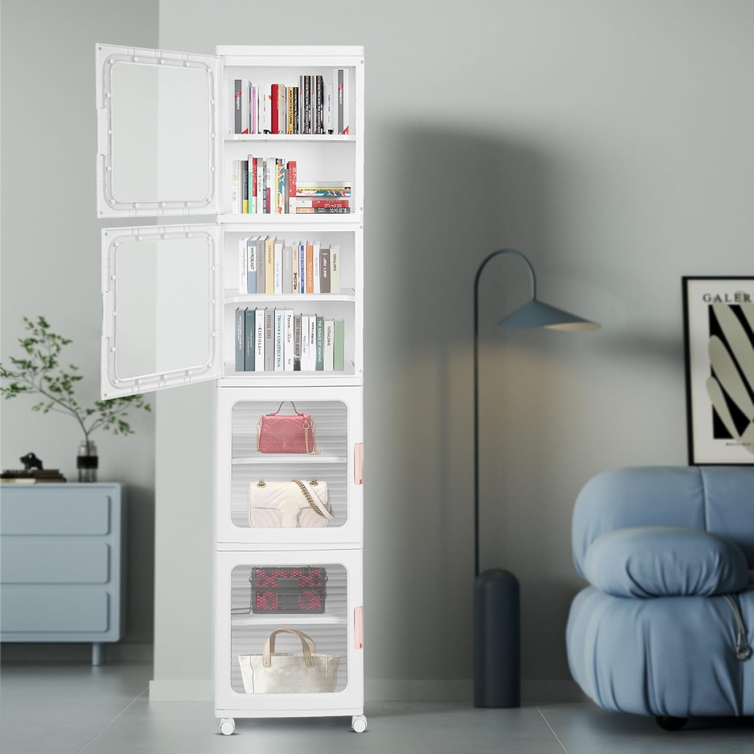 4 Tier Tall Narrow Storage Cabinet with Wheels, Collapsible Plastic ...